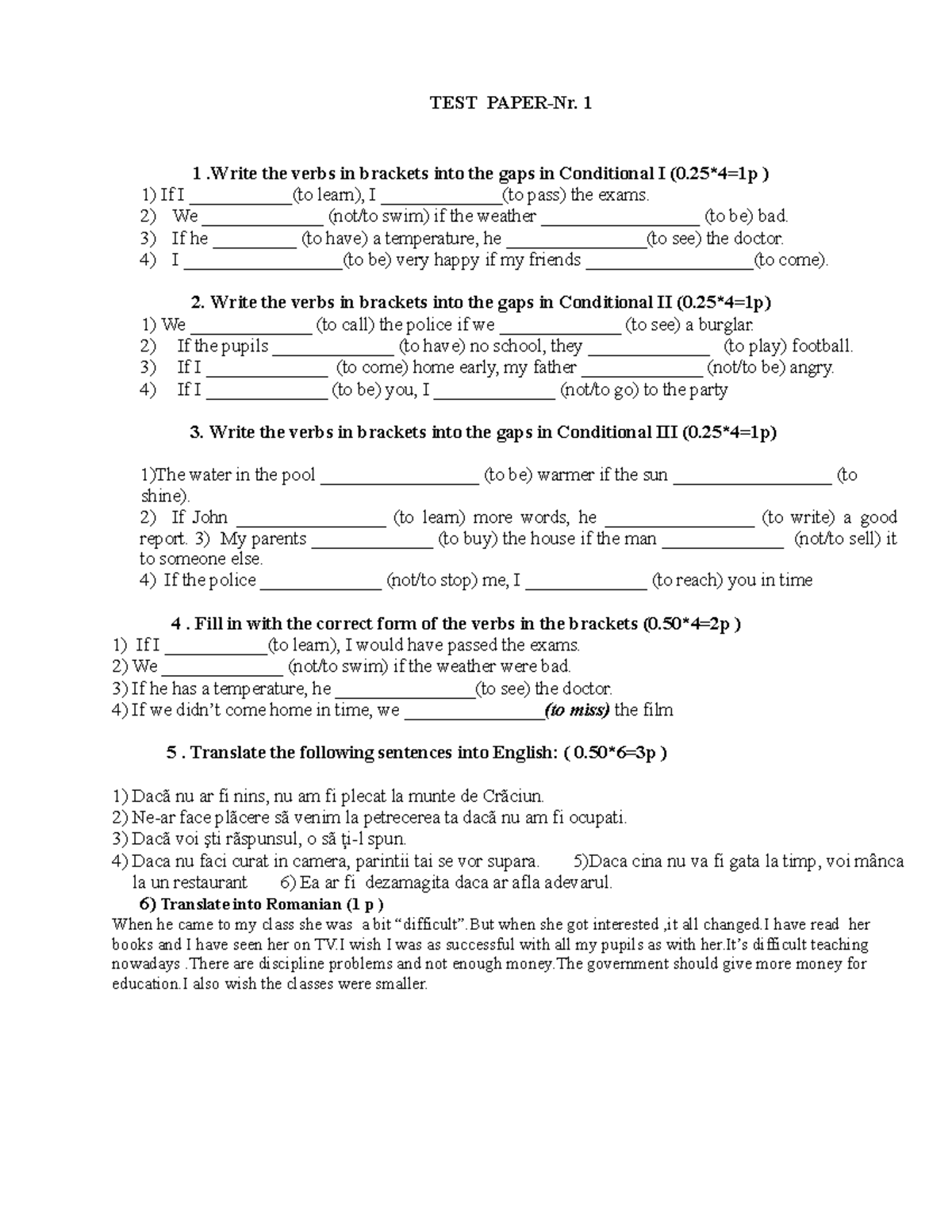 298833298 Fisa de lucru Conditional - TEST PAPER-Nr. 1 1 .Write the ...