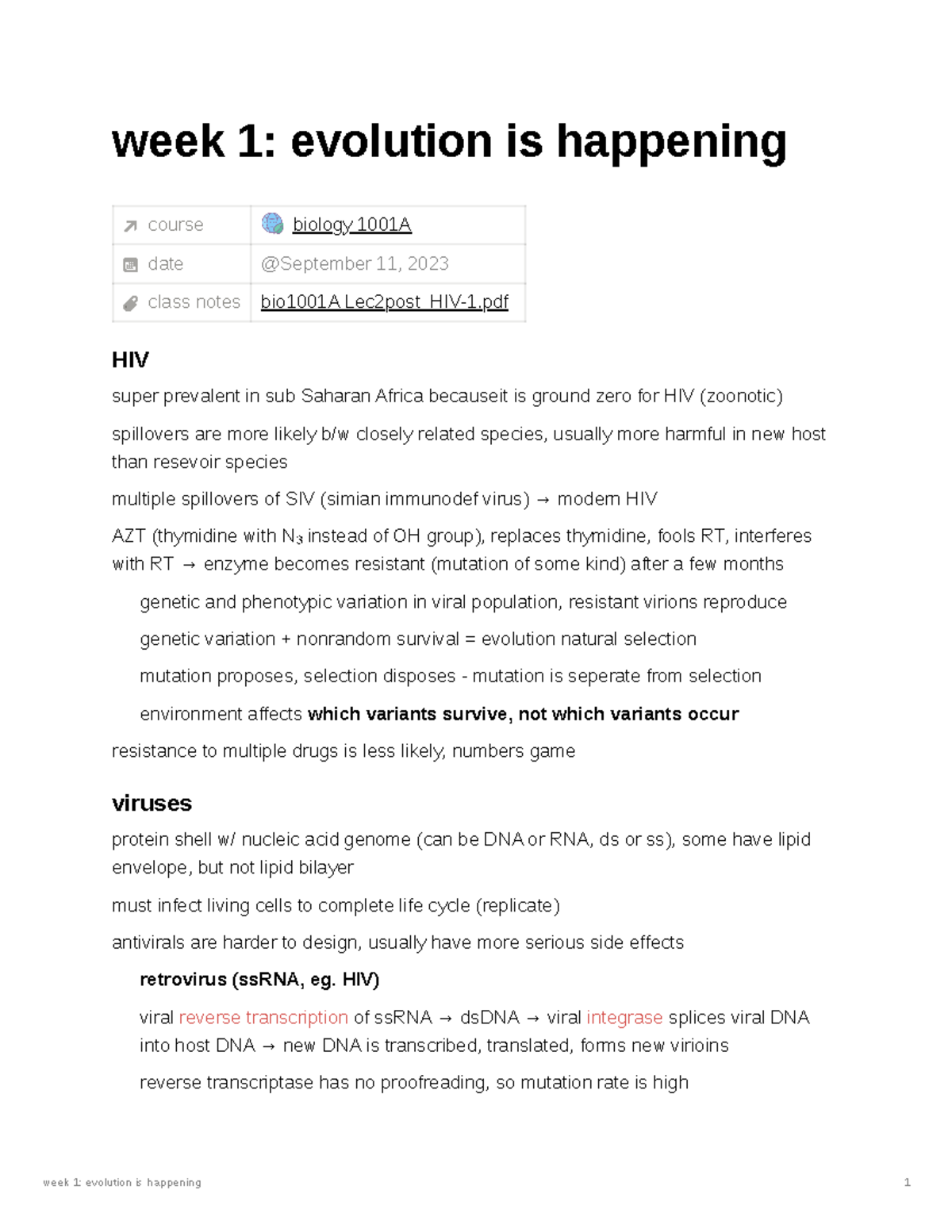 Week 2 lecture 2 + 3 - week 1: evolution is happening 1 week 1 ...