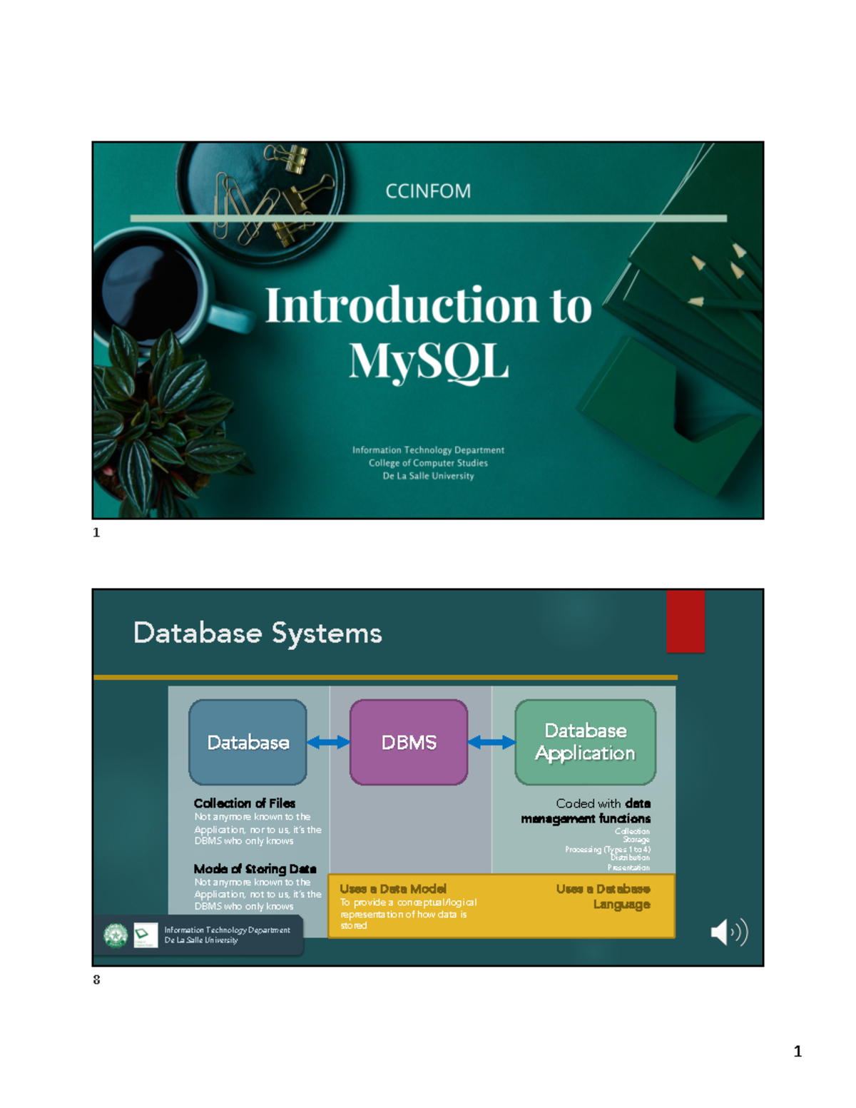 C Cinfom W02D02 - Introduction to My SQL - 1 Database Systems DBMS Database Application Database ...