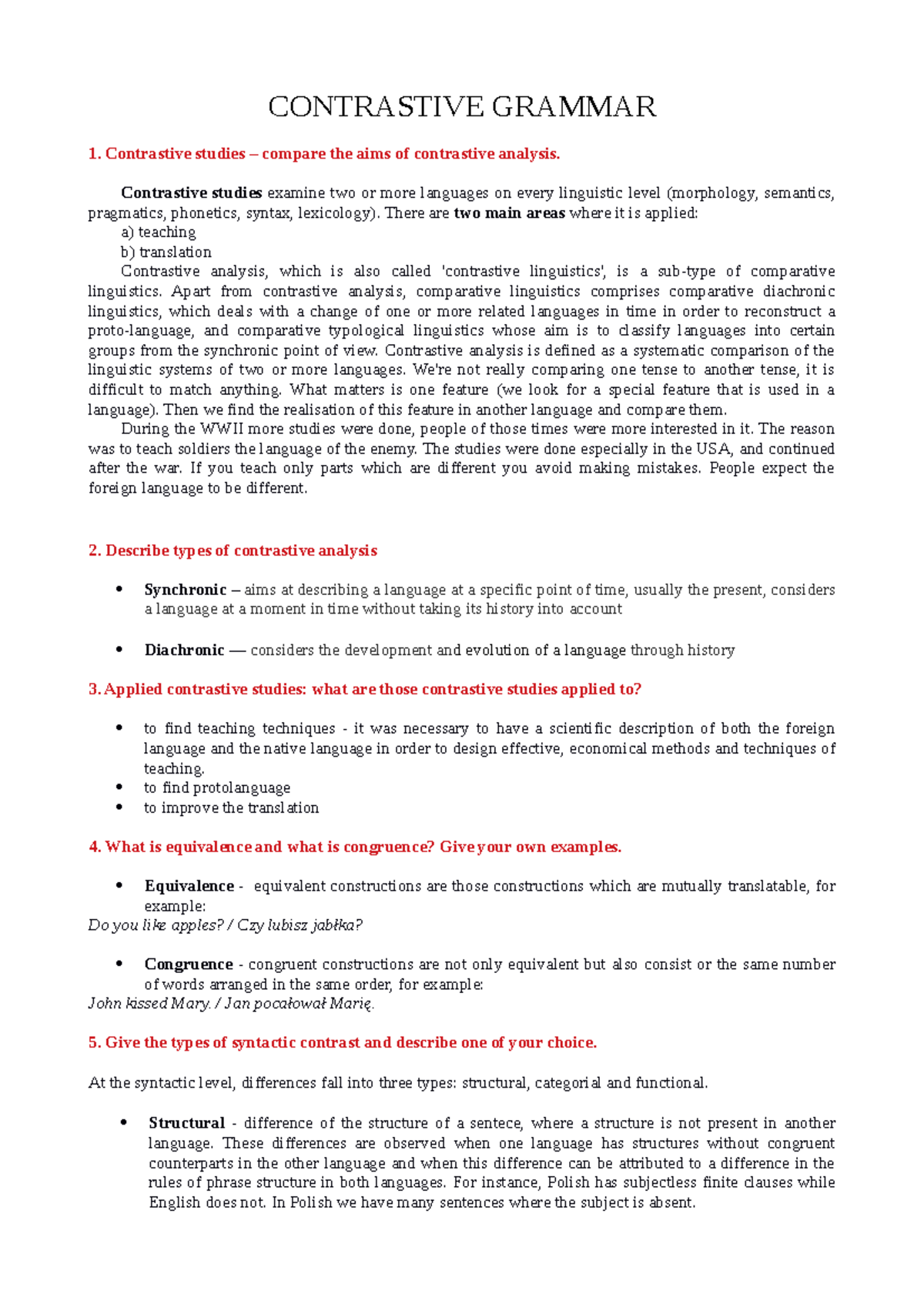 Gramatyka kontrastywna egzamin zagadnienia - CONTRASTIVE GRAMMAR ...