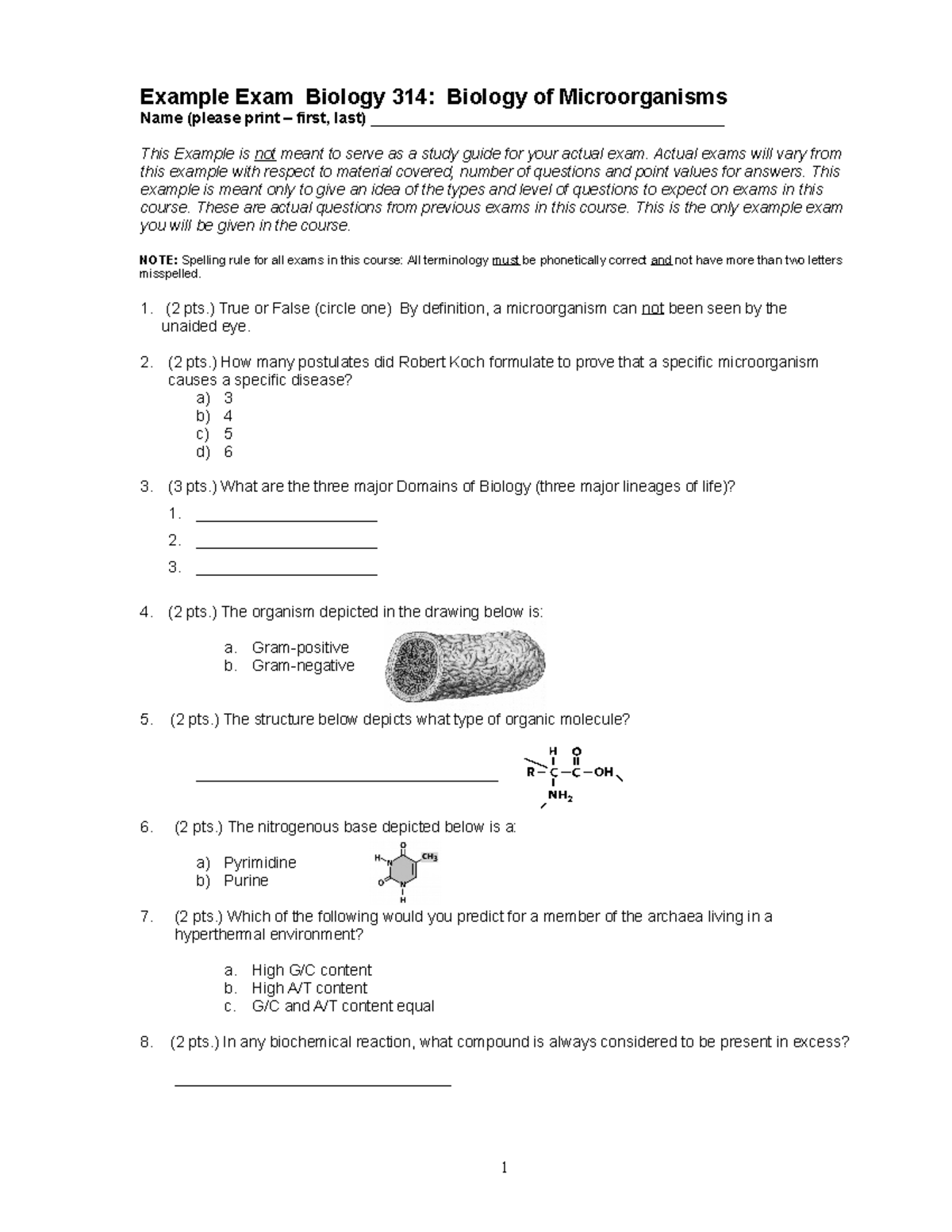 Biol 314 Example Exam - Exam 1 Practice - Example Exam Biology 314 ...