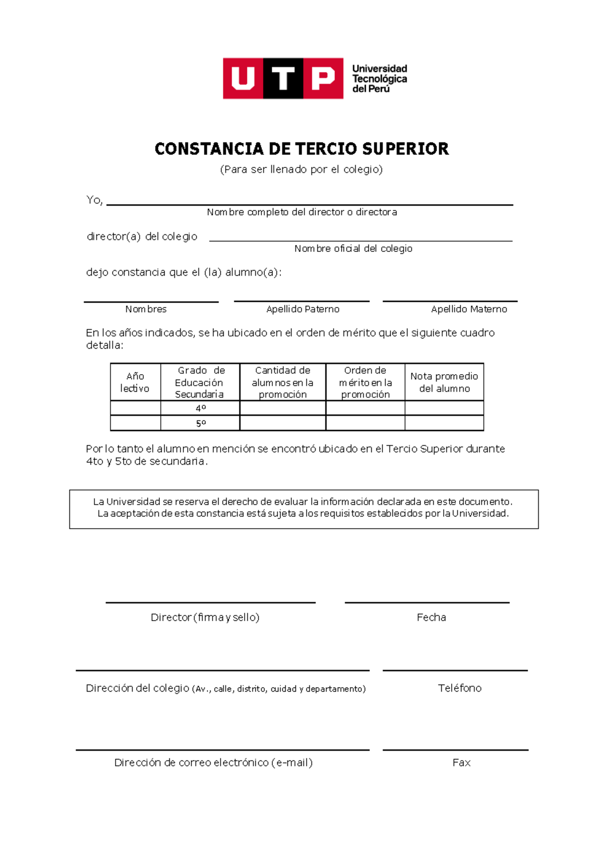 Constancia DE Tercio Superior - CONSTANCIA DE TERCIO SUPERIOR (Para ser ...