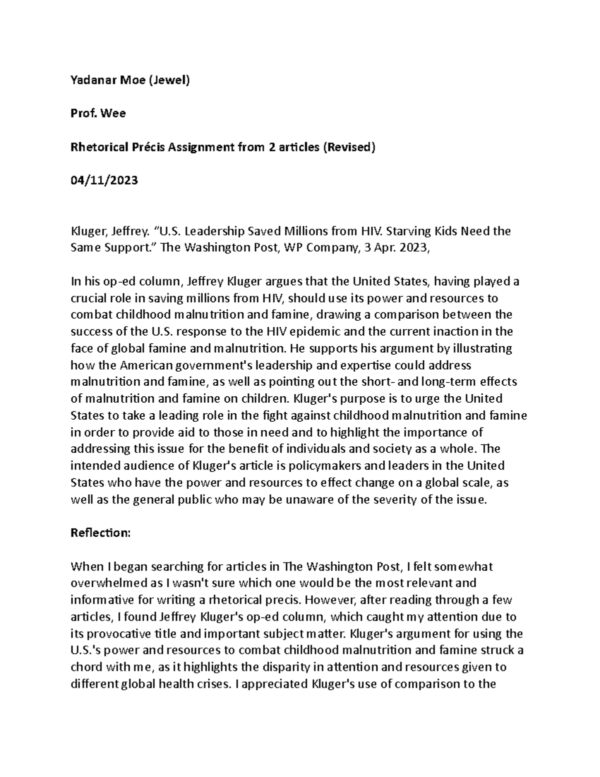 Yadanar Moe Rhetorical Précis ( Updated) assignment from 2 articles WRD ...