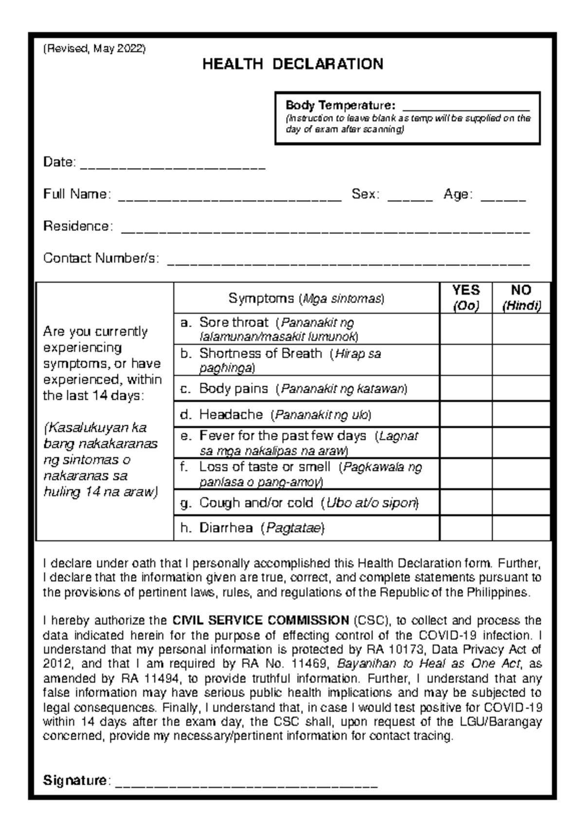 Health Declaration Form 2022-05 revised (A5) - (Revised, May 2022 ...