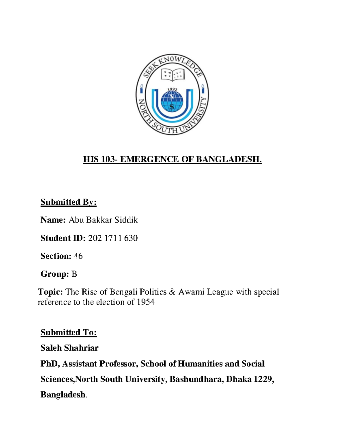 web blog academics - HIS 103- EMERGENCE OF BANGLADESH. Submitted By ...