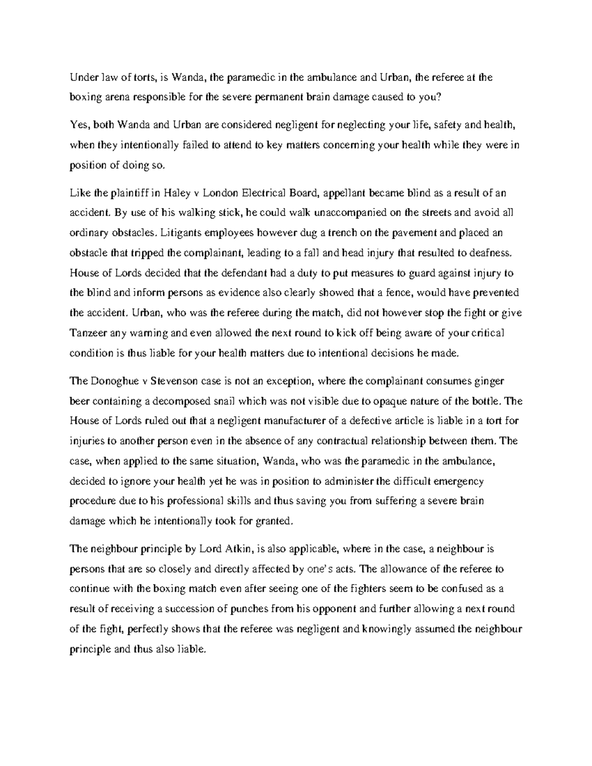 Tort CAT - Summary notes on tort law - Under law of torts, is Wanda ...