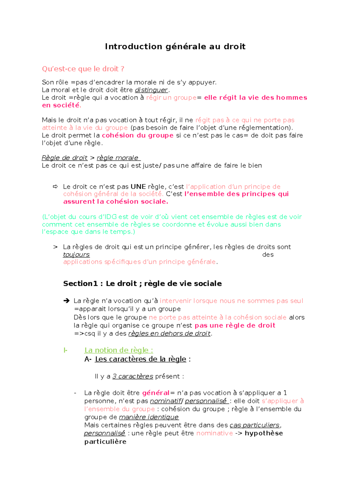 Intro section 1 - Introduction générale au droit Qu’est-ce que le droit? Son rôle =pas d ...