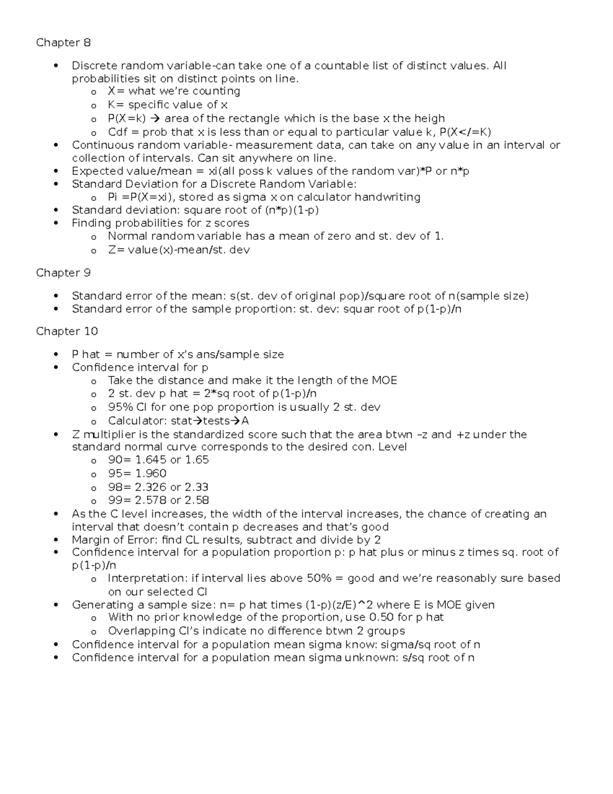 Summary Lecture Cheat Sheet For Exam 3 Chapter 8 Discrete Random