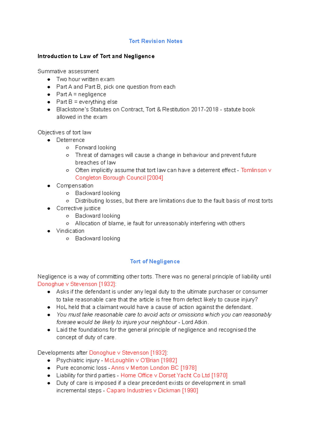 Tort Revision Notes - Tort Revision Notes Introduction to Law of Tort ...
