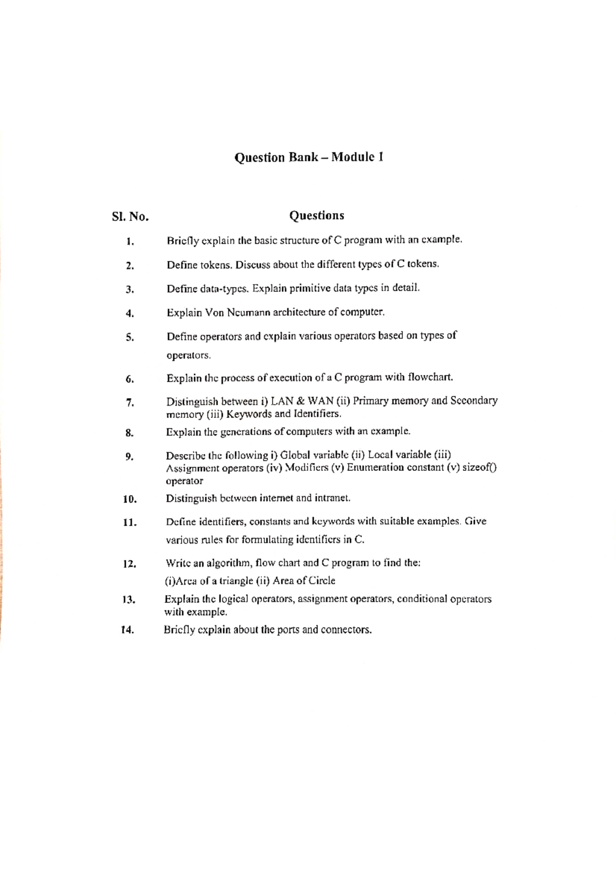 C Programming Qb Module 1 4 Question Bank Module 1 Si No Questions