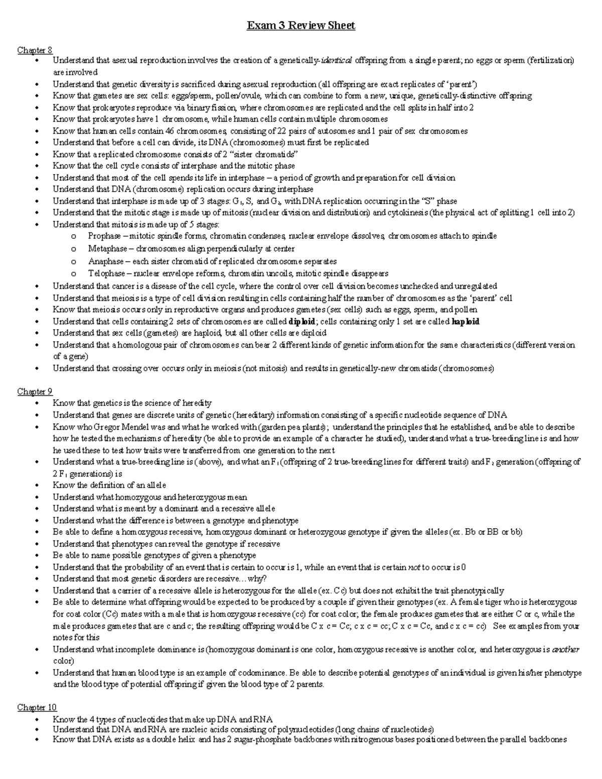 Exam 3 Review Sheet - Exam 3 Review Sheet Chapter 8 Understand that asexual reproduction ...