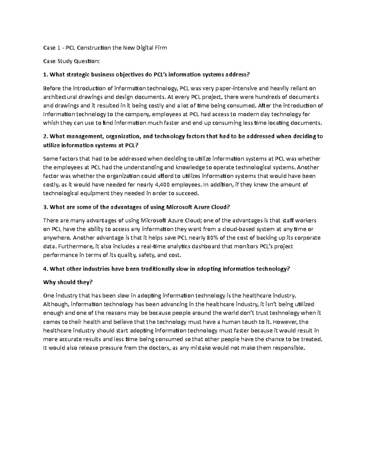 Case 1 - case question and answer - Case 1 - PCL Construction the New ...