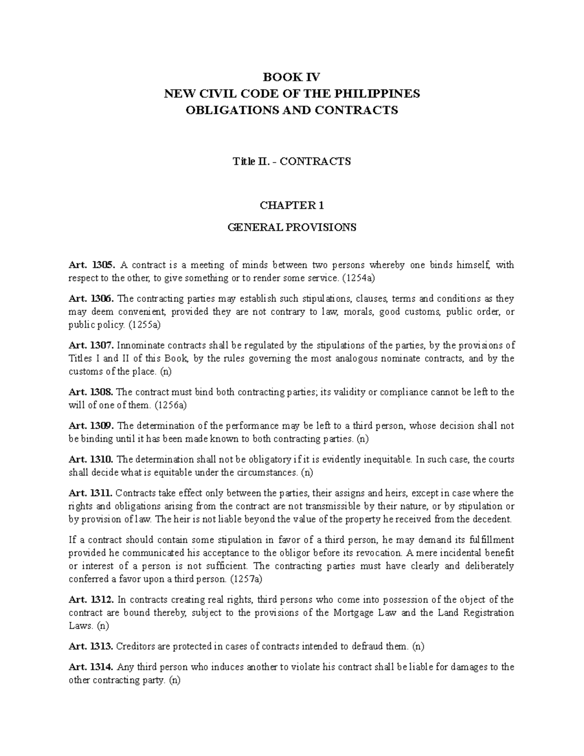 Codal- Contracts - BOOK IV NEW CIVIL CODE OF THE PHILIPPINES OBLIGATIONS AND CONTRACTS Title II ...