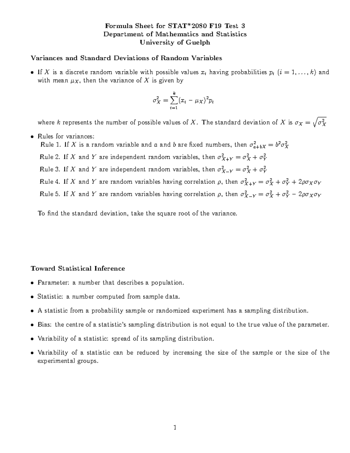 STAT2080 formula sheet 3 F19 - Formula Sheet for STAT*2080 F19 Test 3 ...