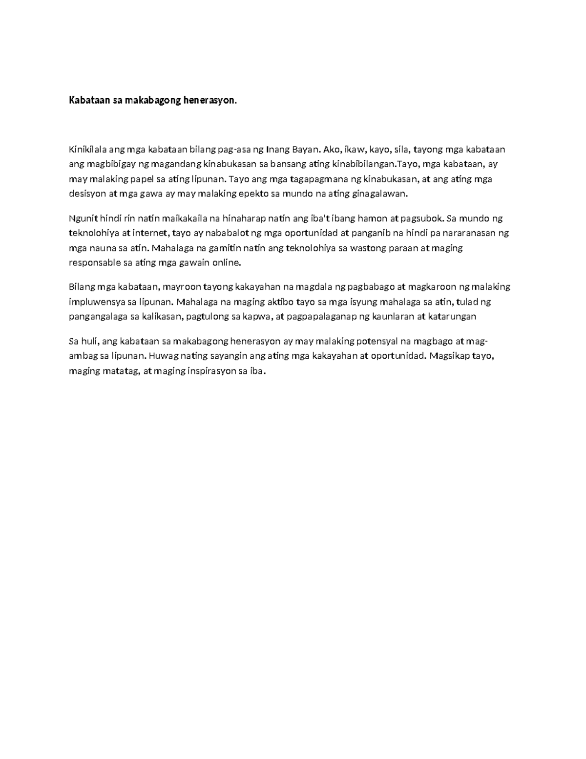 Talumpati Final yeydyss - Kabataan sa makabagong henerasyon. Kinikilala ang mga kabataan bilang ...