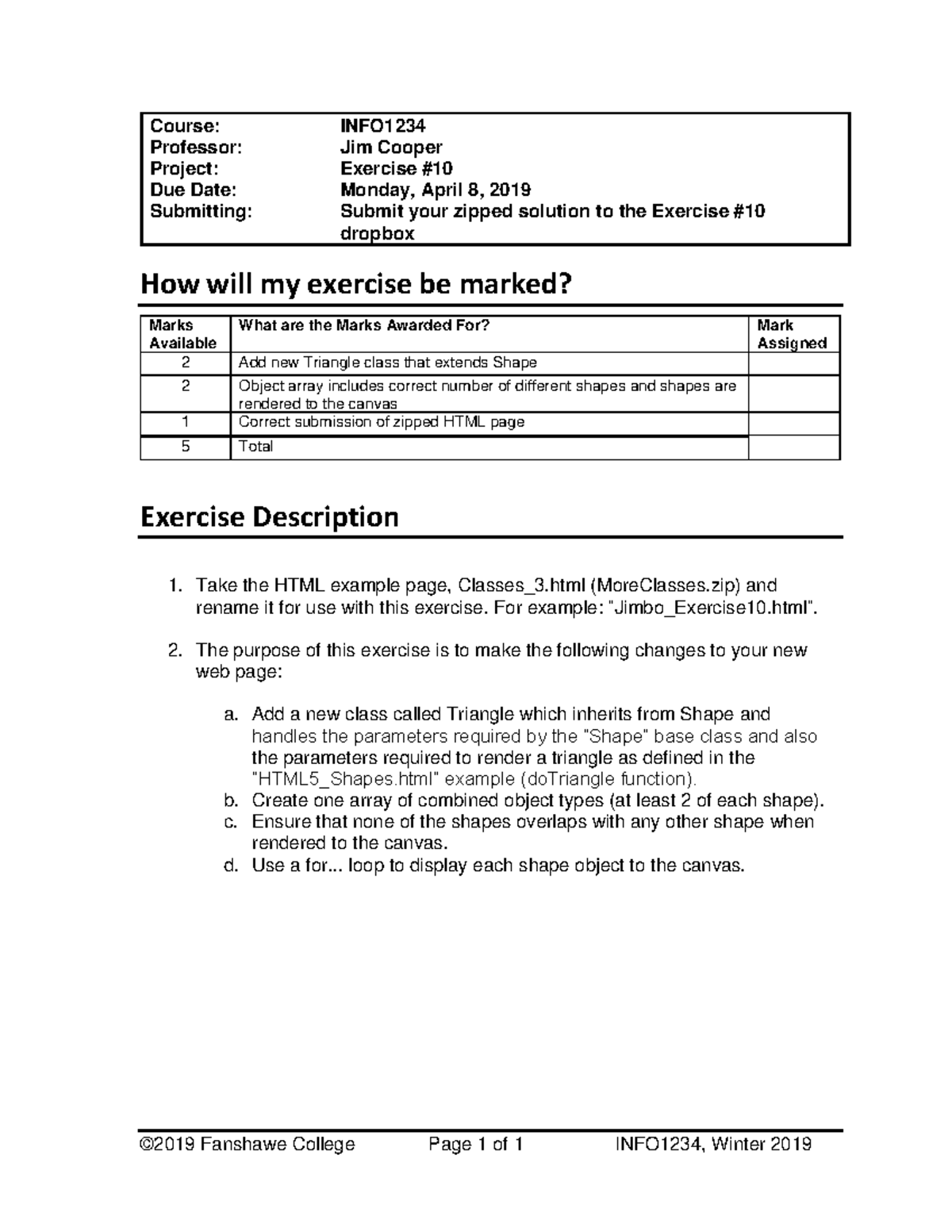 Exercise 10 - This is lecture notes for week 10 - ©2019 Fanshawe ...