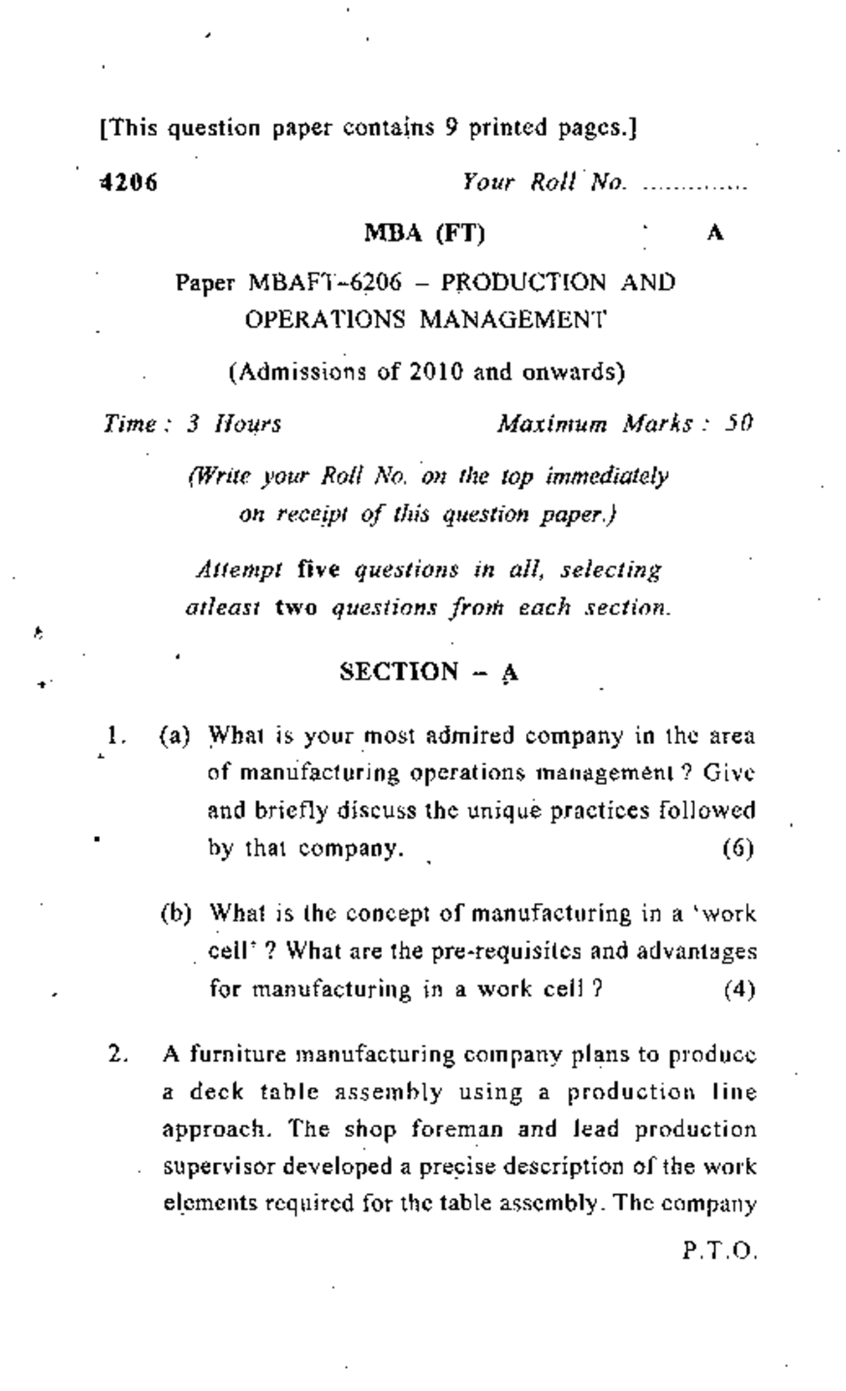 MBA (FT) Paper -6206- Producation AND Operations Management - MS-53 ...
