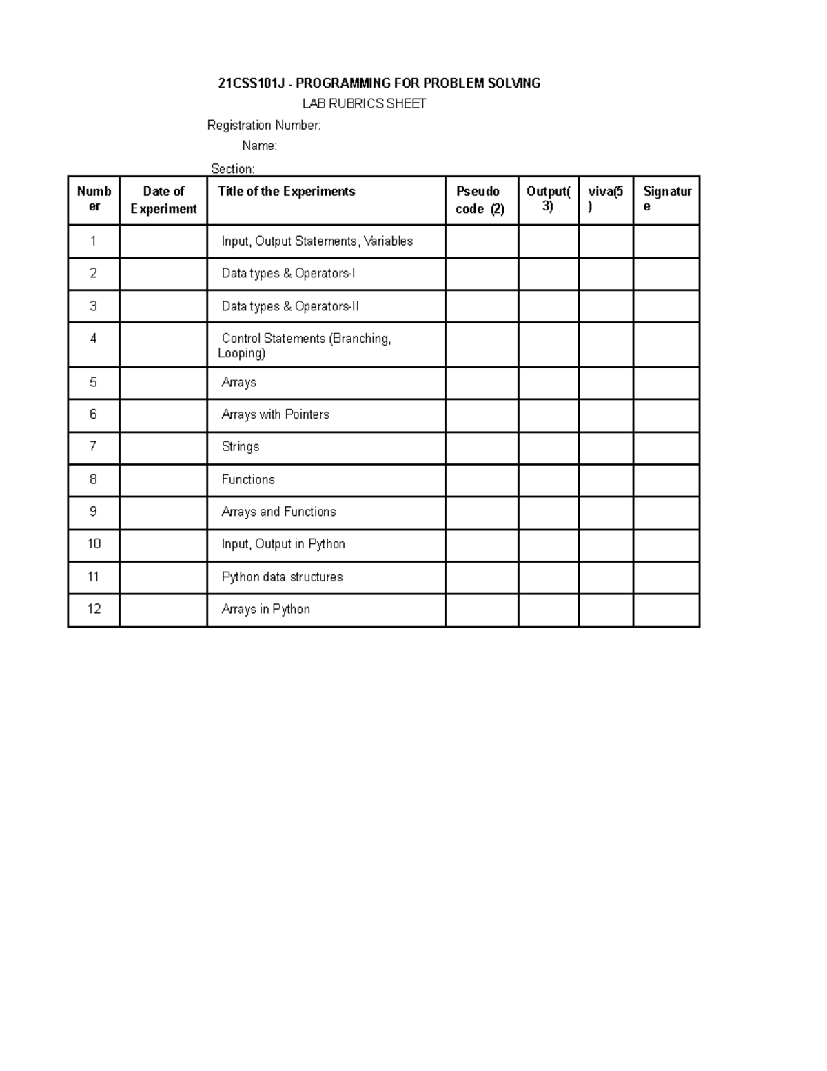 Lab Rubics Sheet For Assignment 1 21css101j Programming For