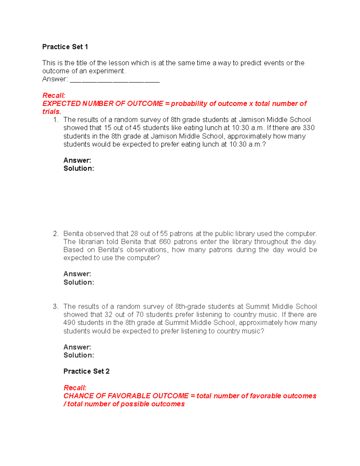 Chance and Probability - Assessment 1 - Practice Set 1 This is the ...