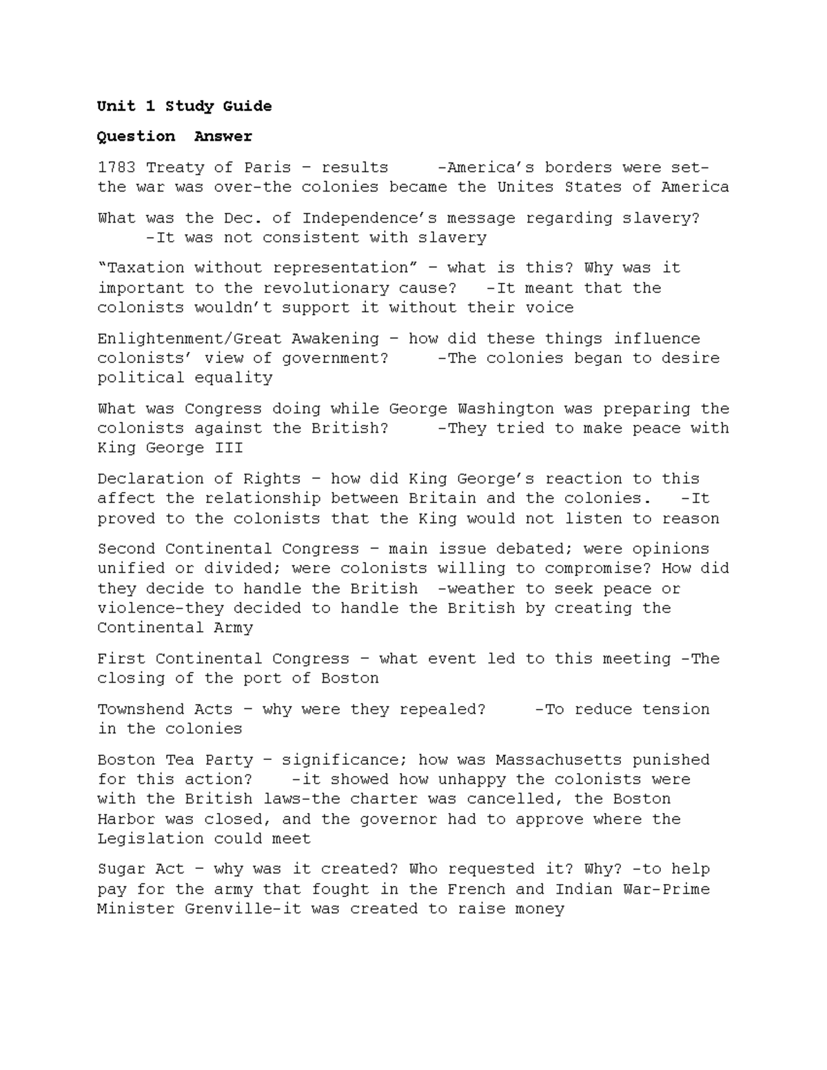 Unit 1 Study Guide - Unit 1 Study Guide Question Answer 1783 Treaty of ...