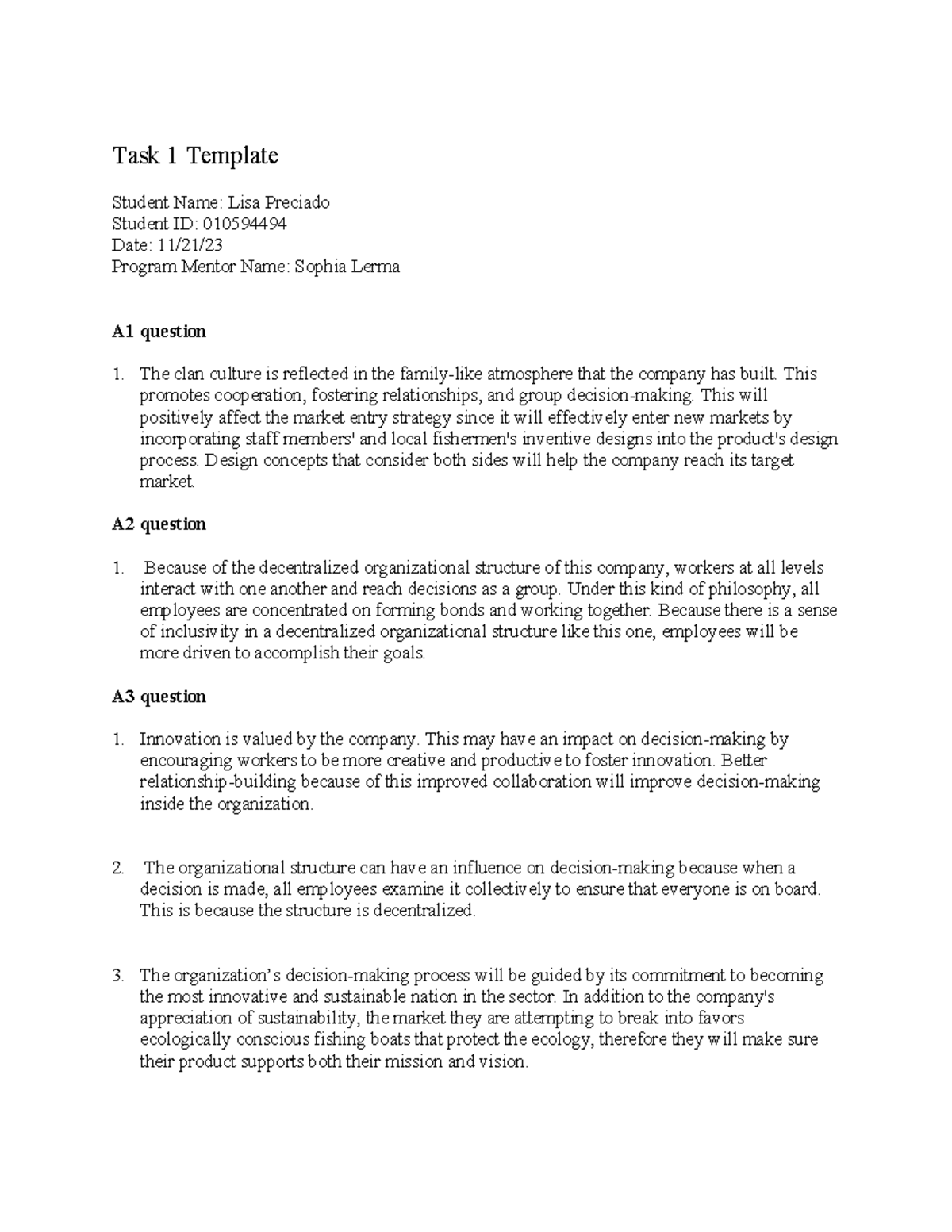 C714-NNM2 D081-QBM2-Task 1 paper - Task 1 Template Student Name: Lisa ...