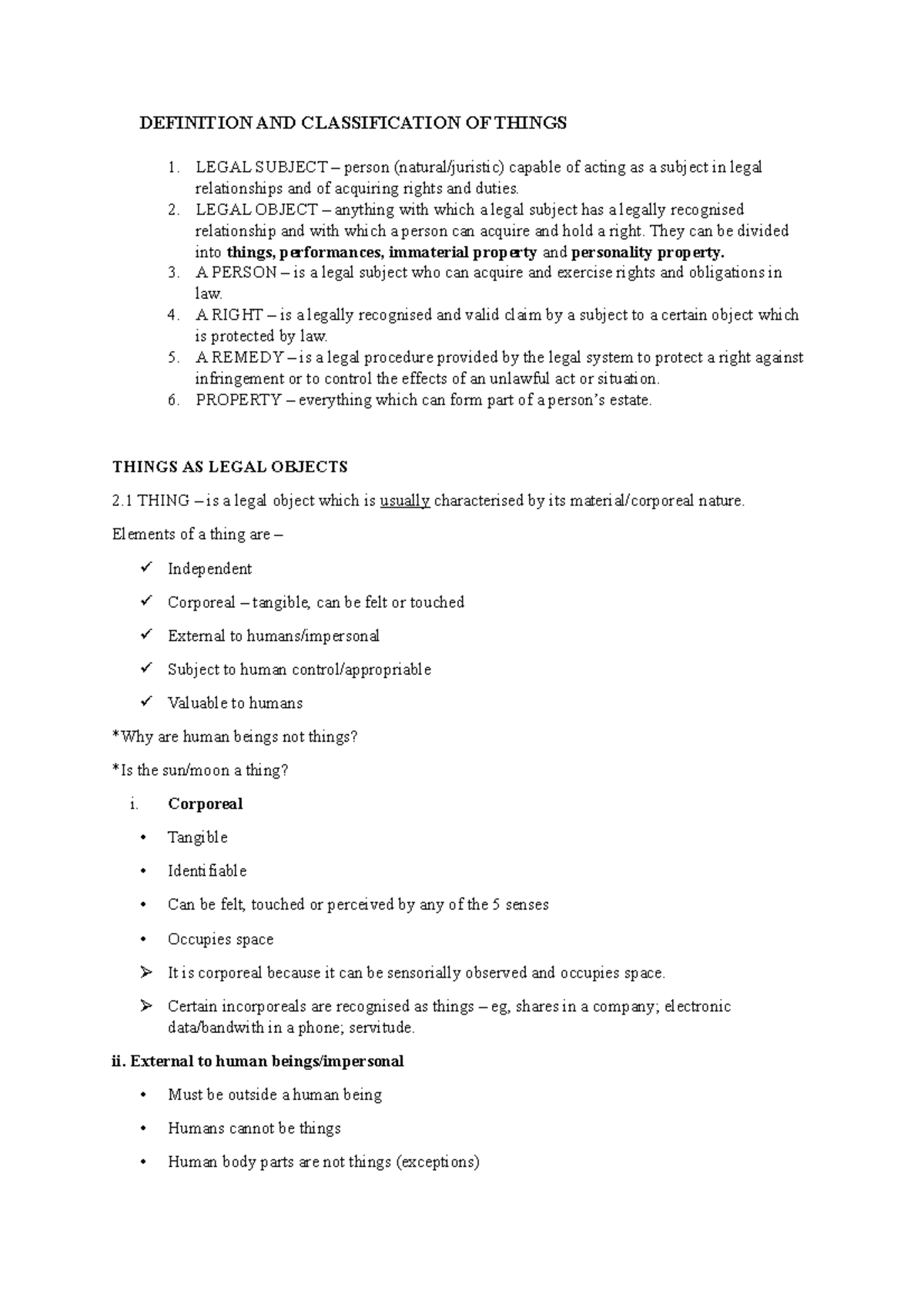 THI Lecture 1 - DEFINITION AND CLASSIFICATION OF THINGS LEGAL SUBJECT ...