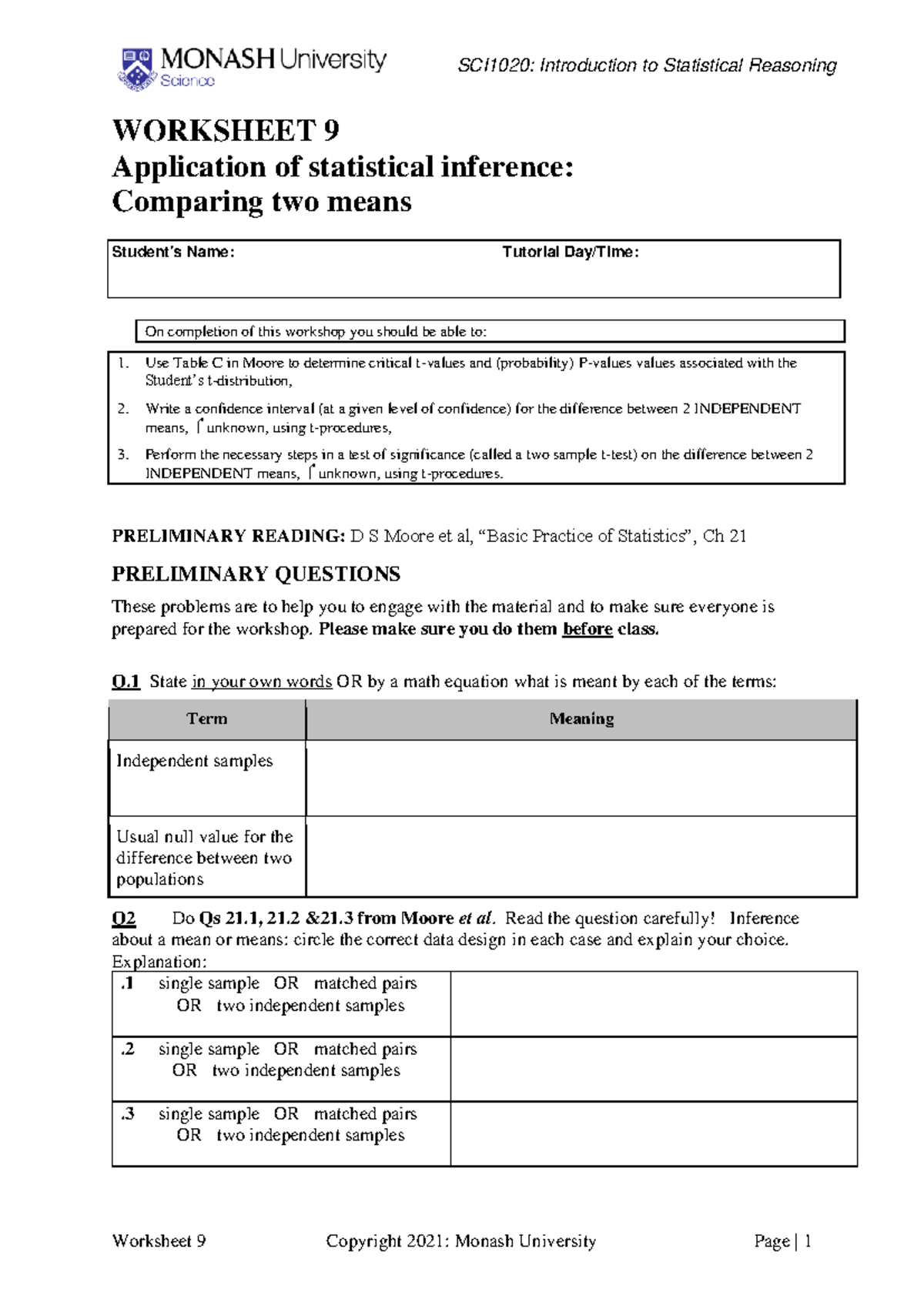 Worksheet 9 - WS 9 PRACTICE MATERIAL - SCI1020: Introduction to Statistical Reasoning Worksheet ...