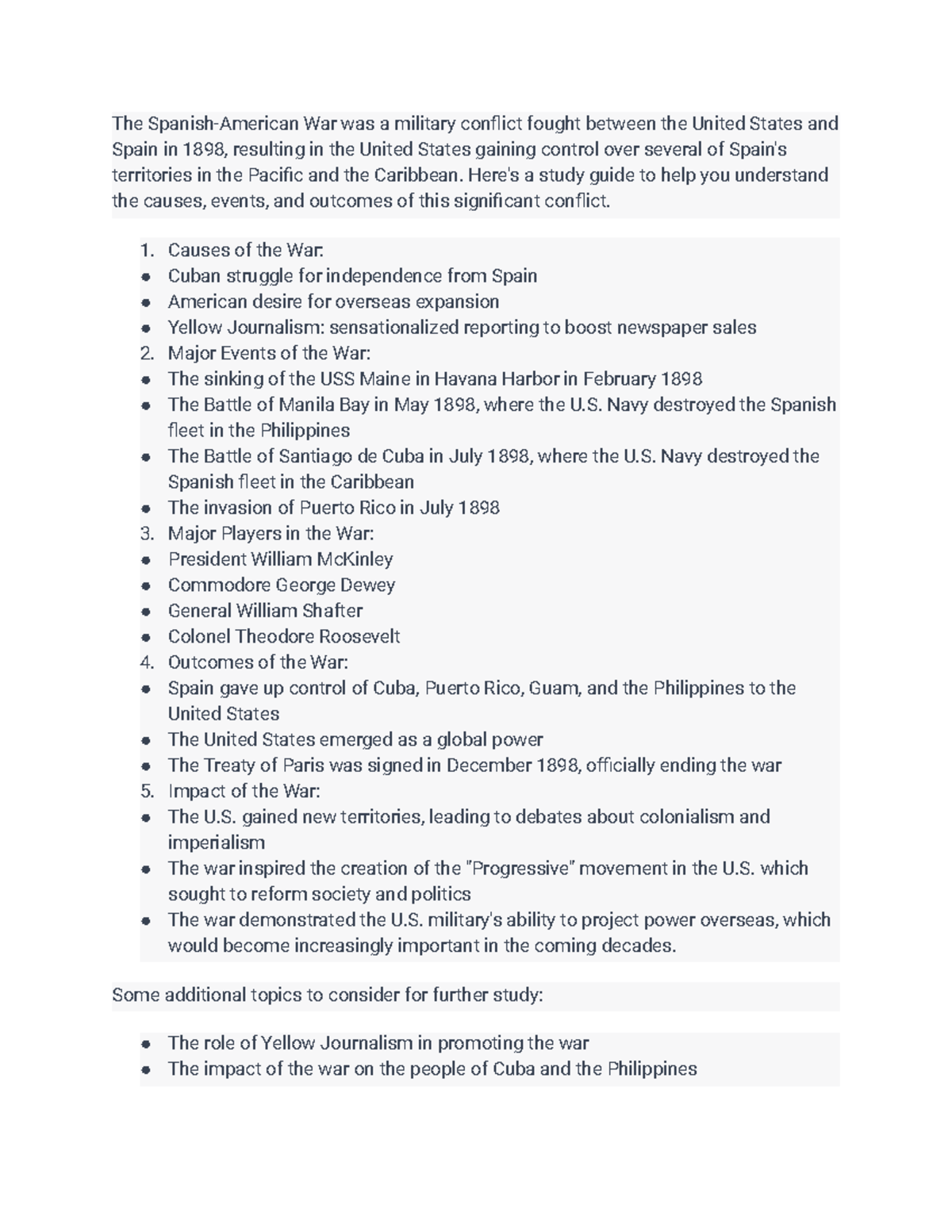 Study guide on the spanish american war - The Spanish-American War was ...