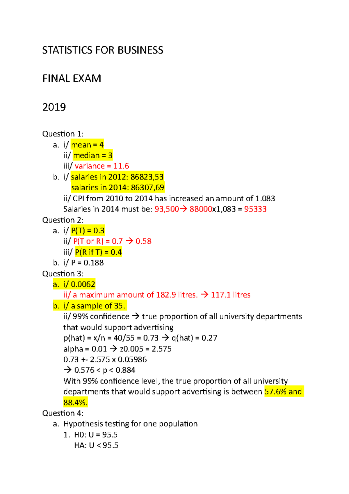 Statistics for Business Final exam practice - STATISTICS FOR BUSINESS ...
