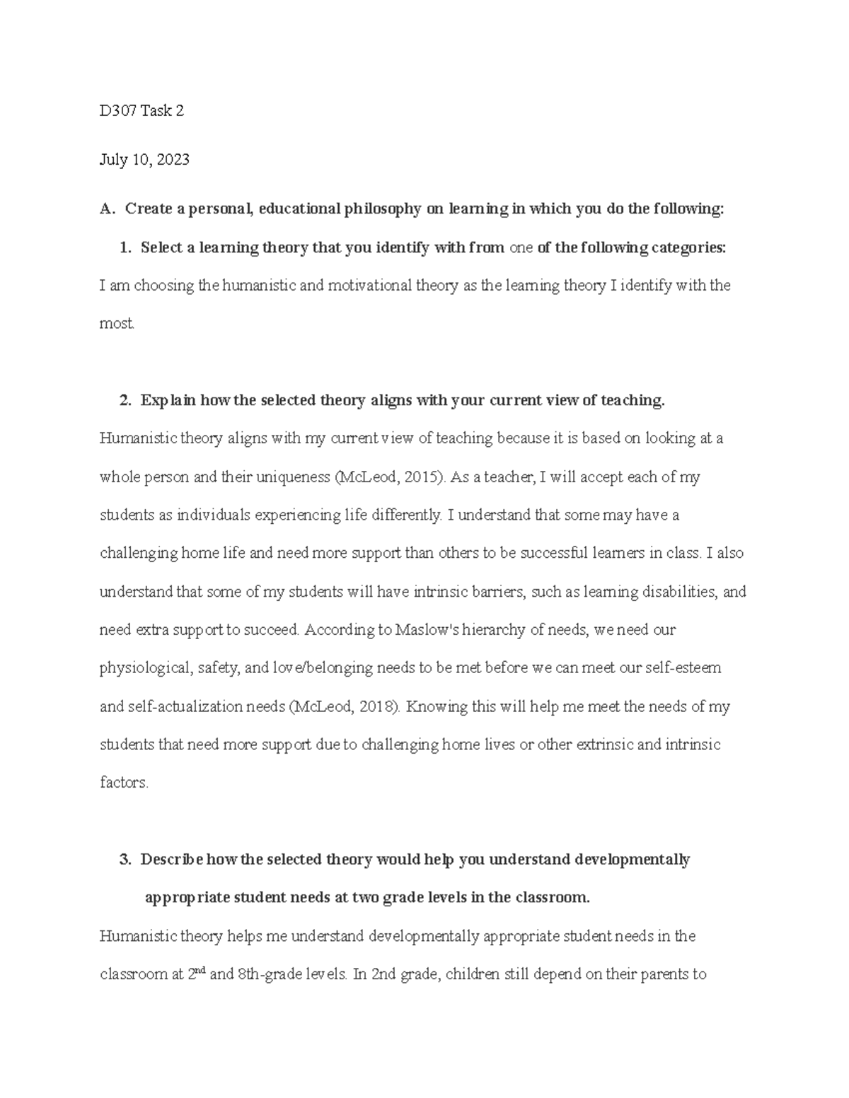 D307 Task 2 - revised and passed - D307 Task 2 July 10, 2023 A. Create ...