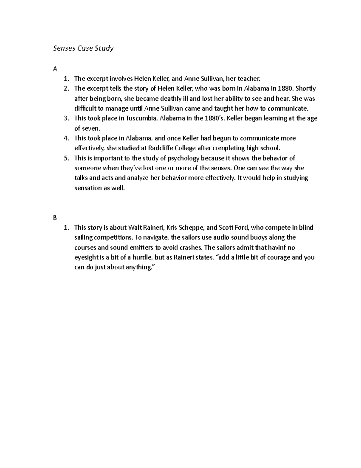 Senses Case Study - Senses Case Study A The excerpt involves Helen ...