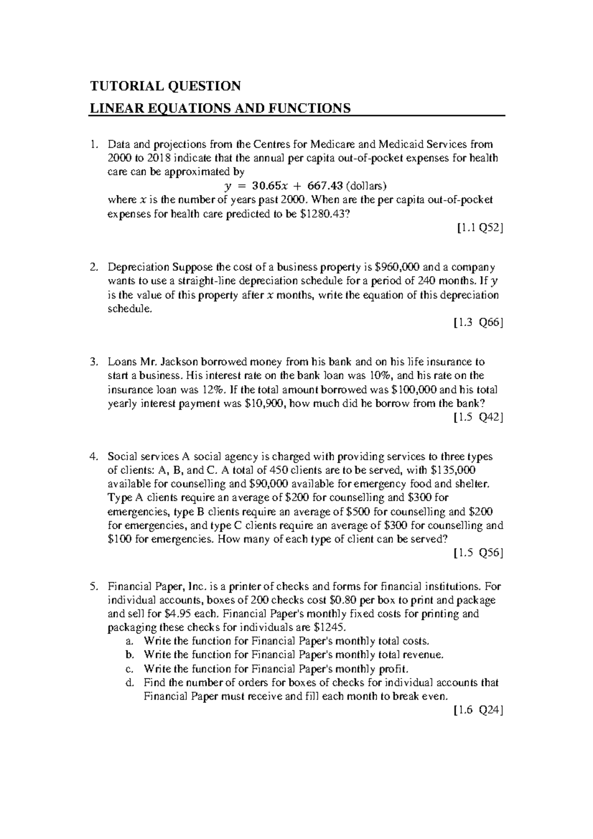 Linear Equations and Functions - Tutorial 01 - TUTORIAL QUESTION LINEAR ...