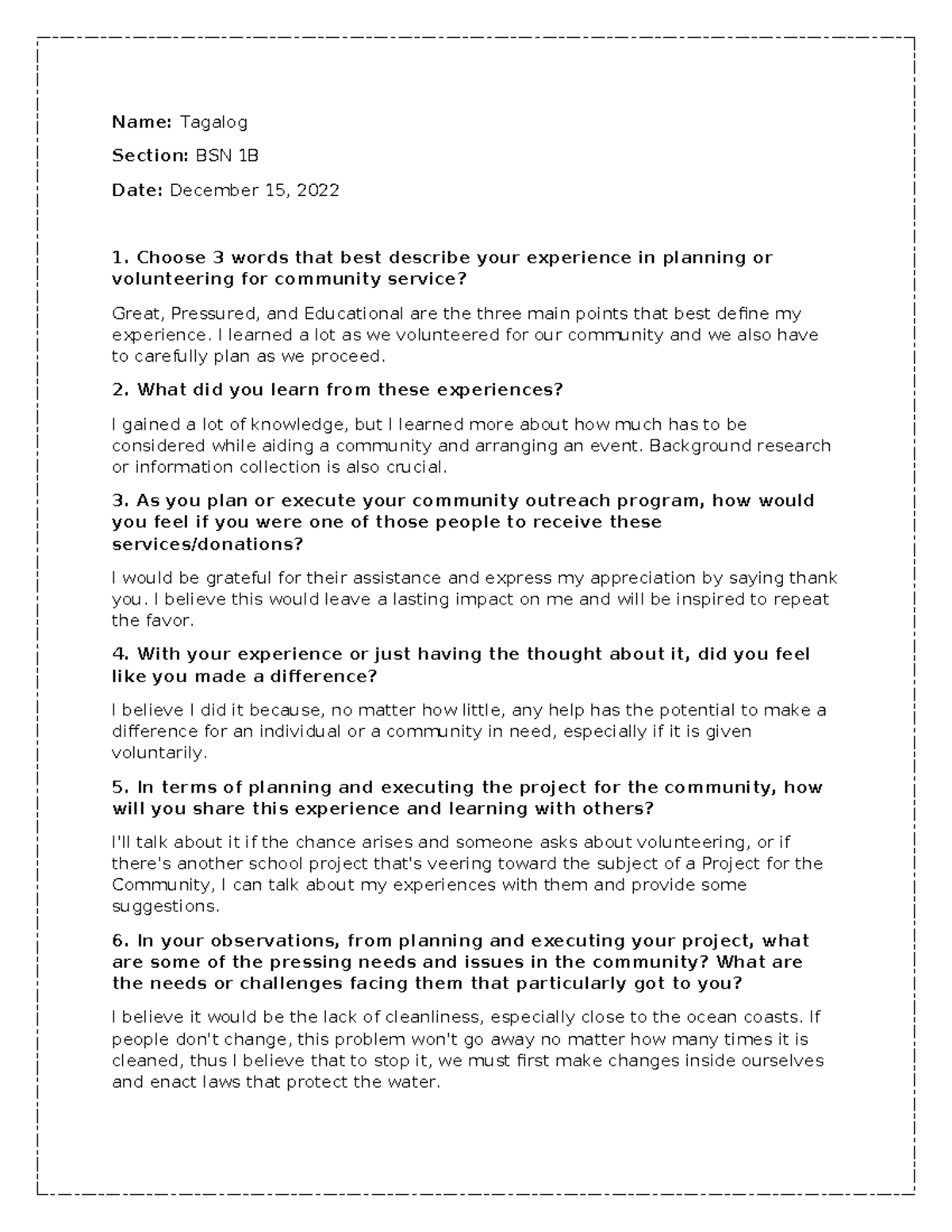 NSTP - Name: Tagalog Section: BSN 1B Date: December 15, 2022 Choose 3 ...