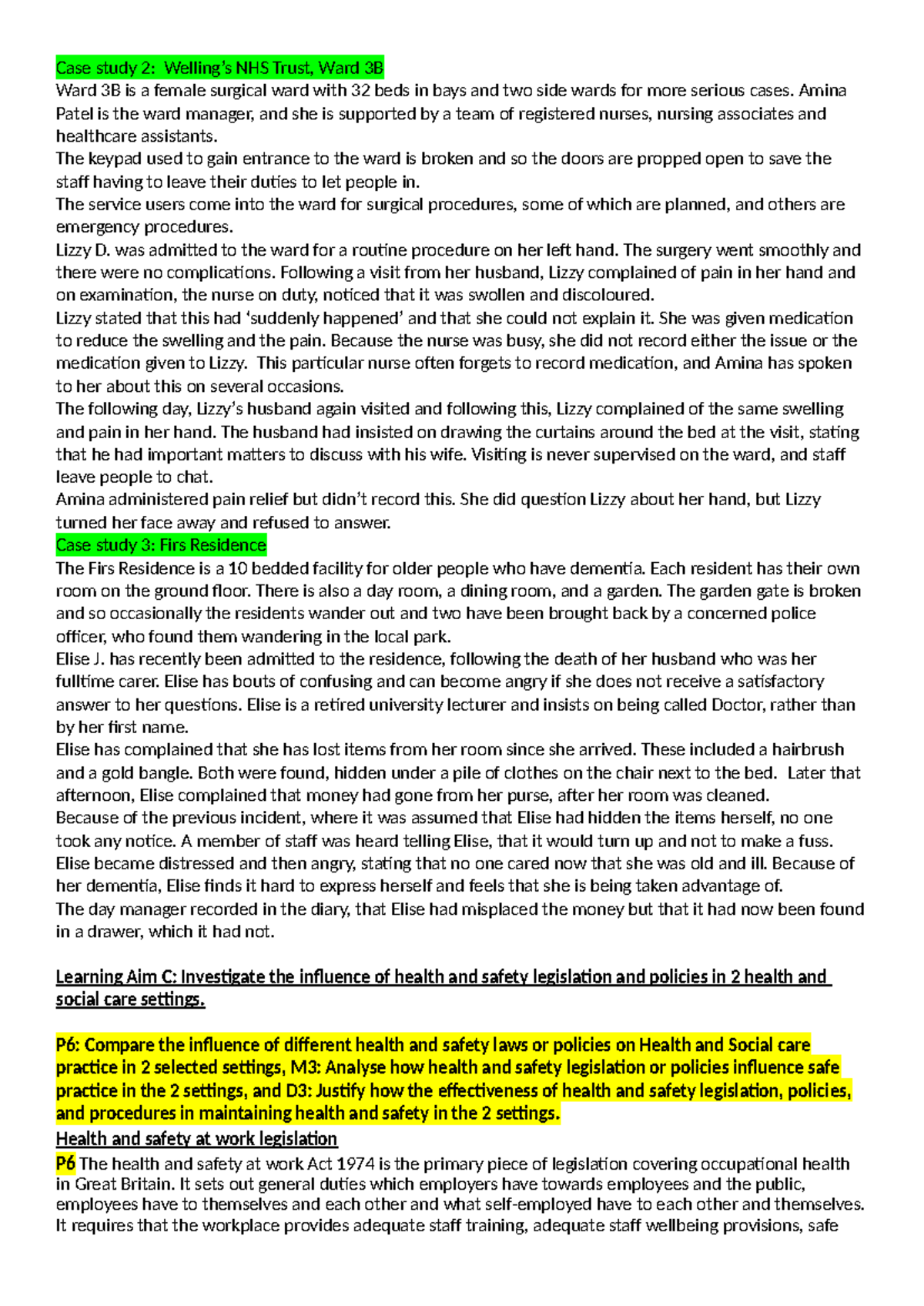 Unit 7 Leanring aim c/d - Case study 2: Welling’s NHS Trust, Ward 3B ...