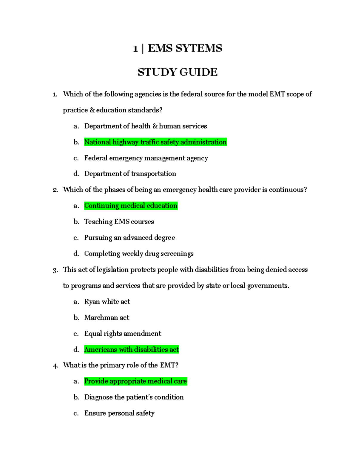 12 - EMS Systems Study Guide - 1 | EMS SYTEMS STUDY GUIDE Which of the ...