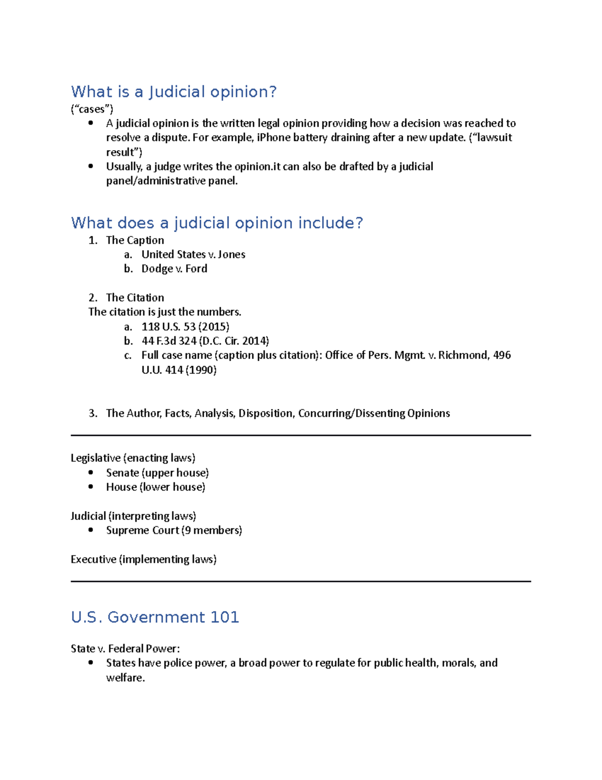 L201 Notes Class 1 - .ghg - What is a Judicial opinion? (“cases”) A ...