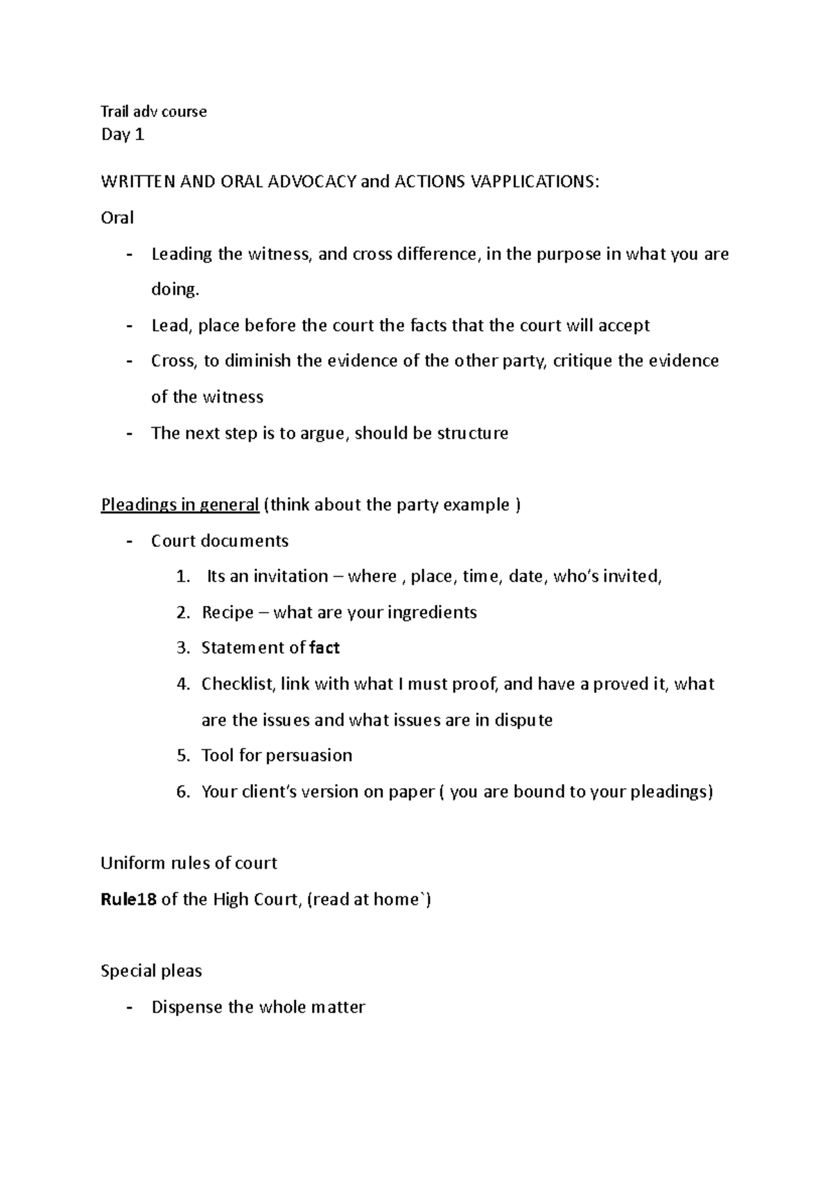 MJ adv notes - Trail adv course Day 1 WRITTEN AND ORAL ADVOCACY and ...