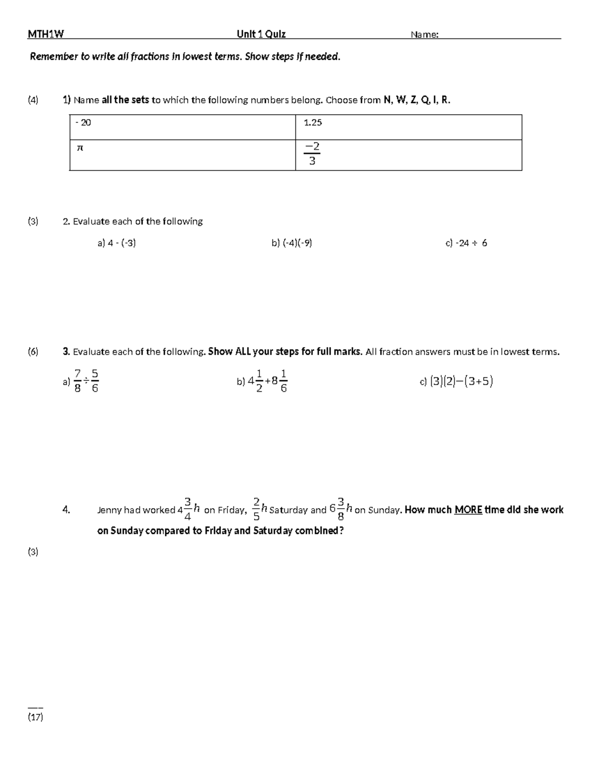 Unit 1 Quiz - Limits quiz - MTH1W Unit 1 Quiz Name ...