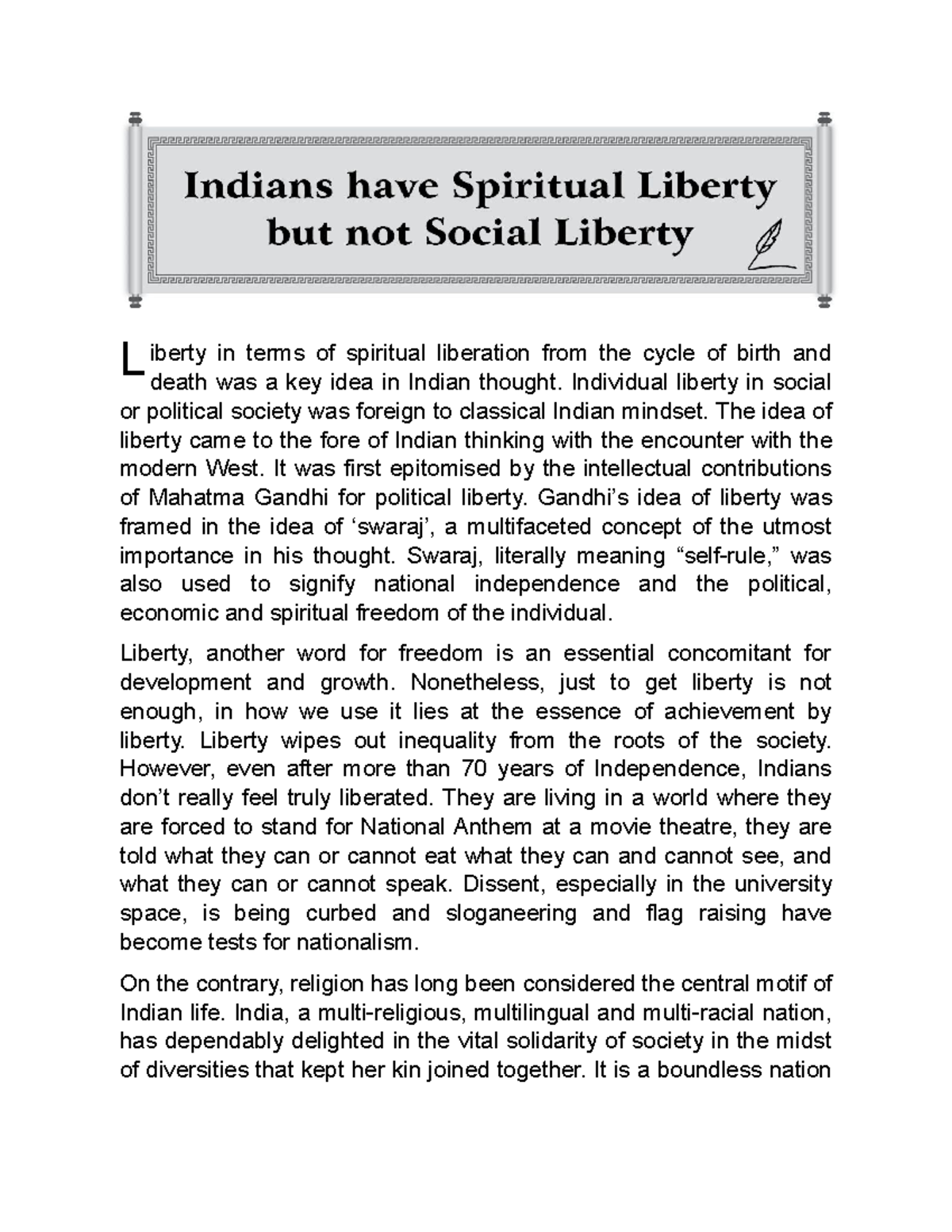 Indian's have spritual liberty but not social liberty. Essay topic - L ...