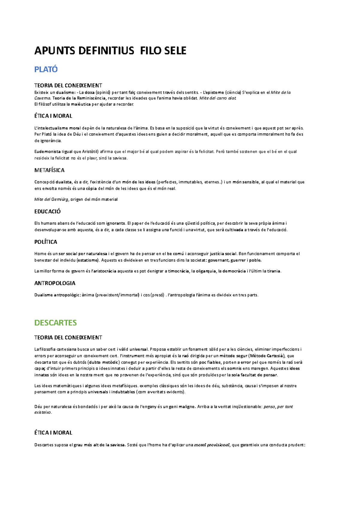 Apunts Definitius FILO SELE xd - APUNTS DEFINITIUS FILO SELE PLATÓ TEORIA DEL CONEIXEMENT ...