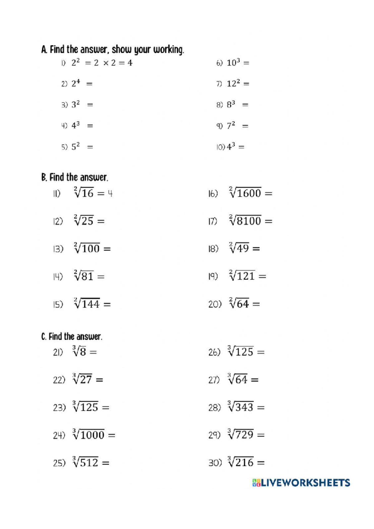 Square root worksheet for year 7 students cube root square number - A ...