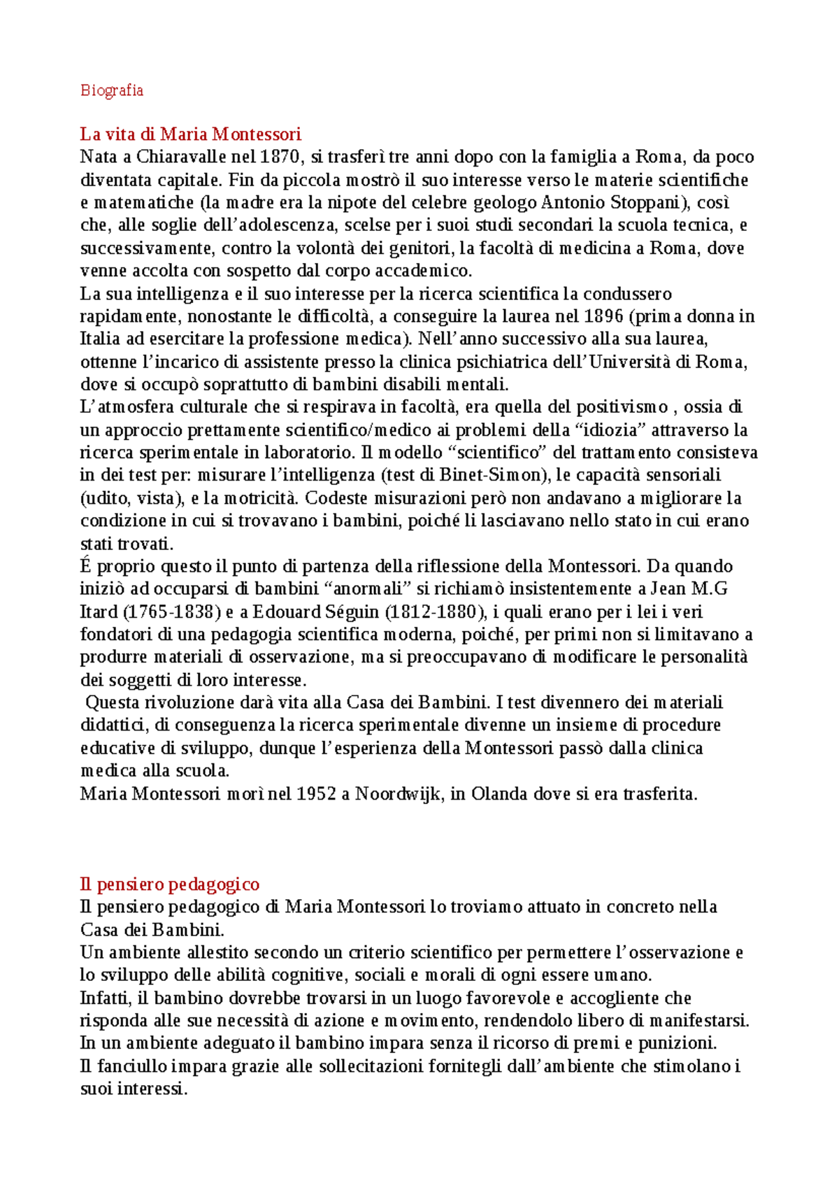 Montessori x didattica - Biografia La vita di Maria Montessori Nata a ...