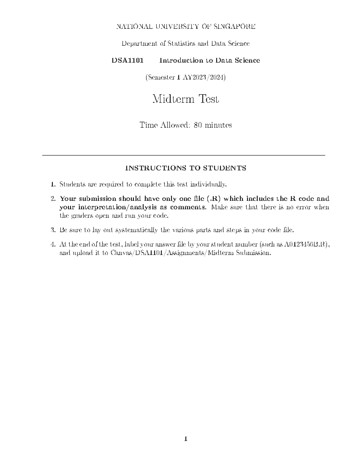 Midterm Sem1 2324 - NATIONAL UNIVERSITY OF SINGAPORE Department of Statistics and Data Science ...