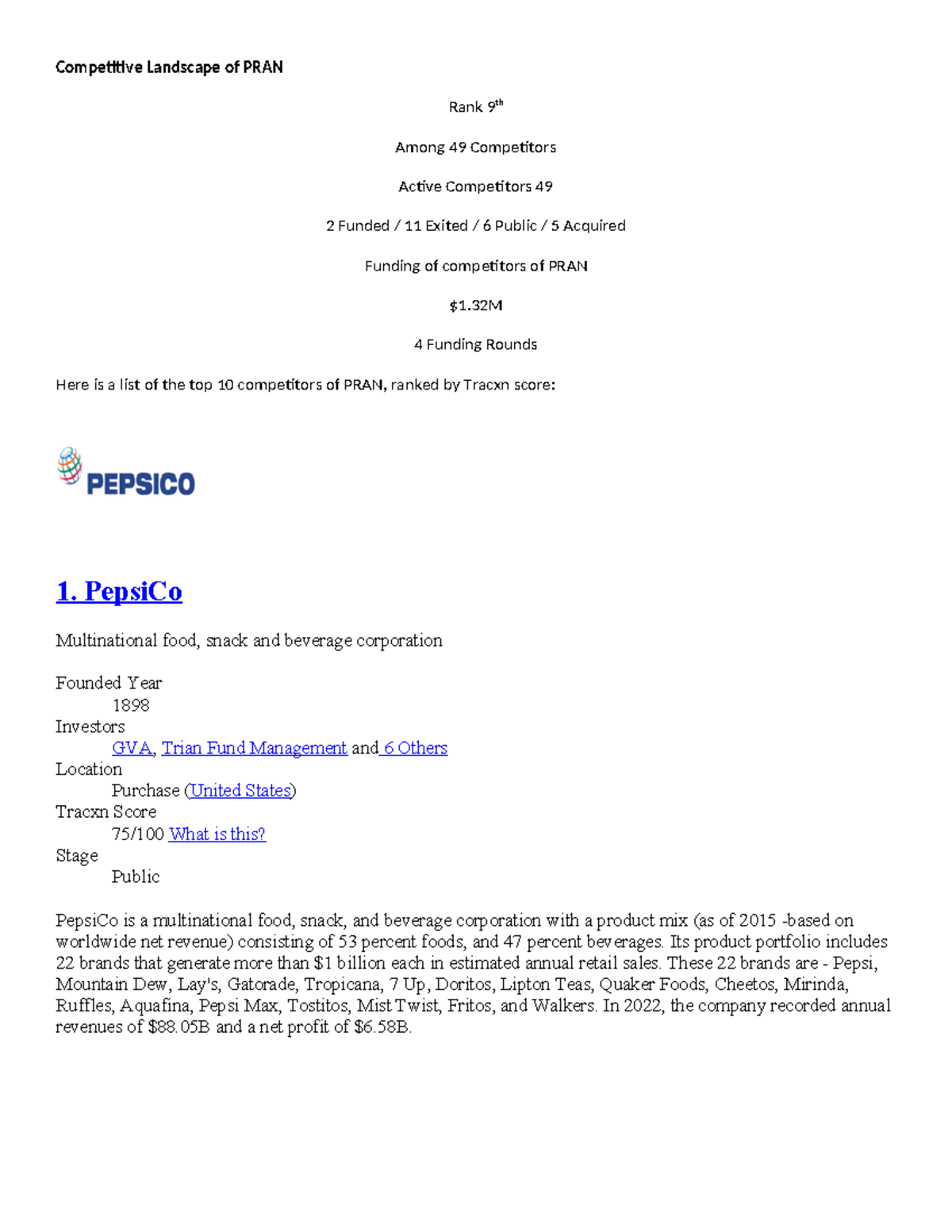 Competitive Landscape of PRAN - PepsiCo Multinational food, snack and ...