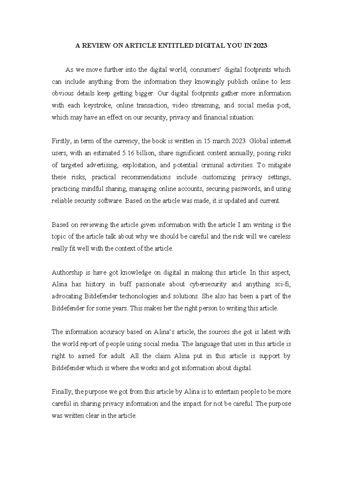 A Review ON Article Entitled Digital YOU IN 2023 - A REVIEW ON ARTICLE ...