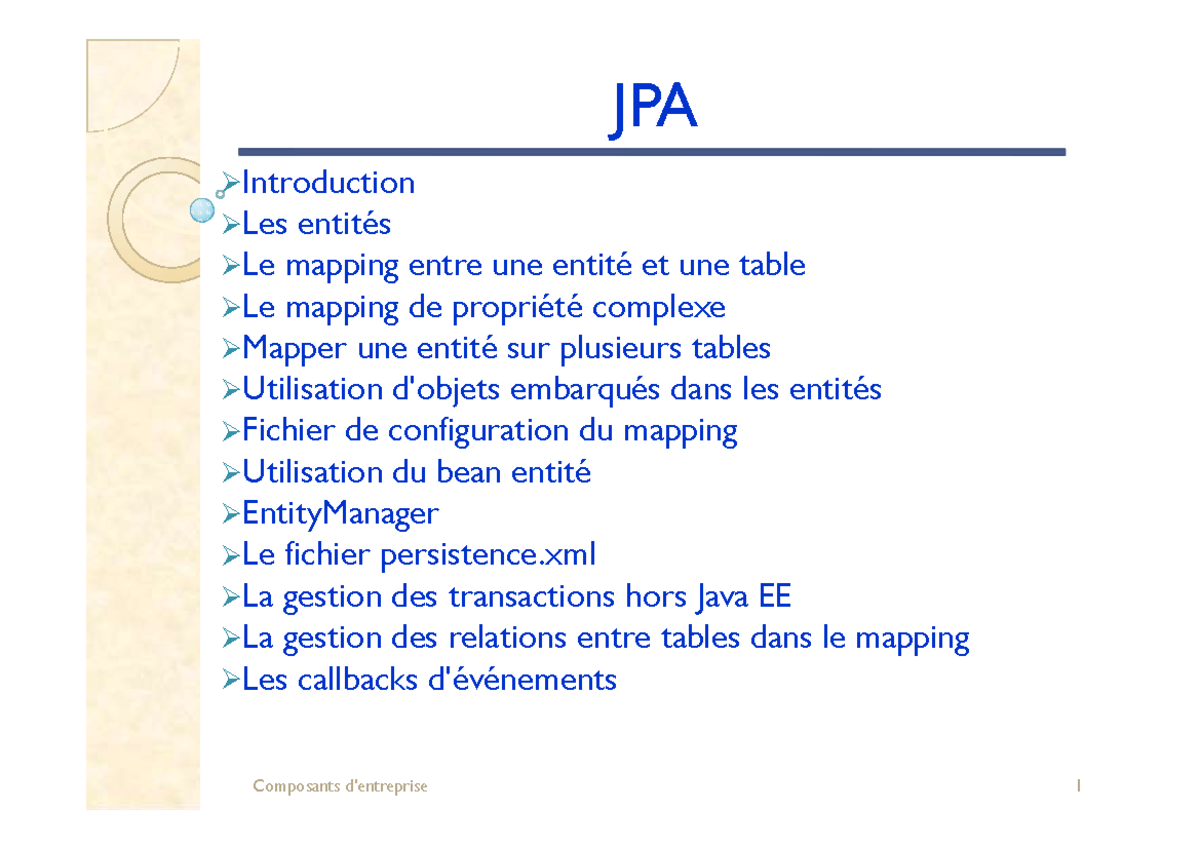 JPA-Spring-Design Pattern - JPA Introduction Les entités Le mapping entre une entité et une ...