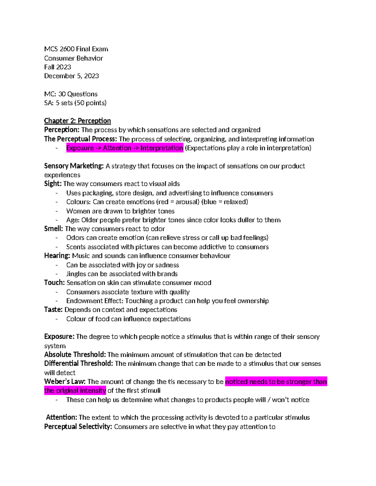MCS Final Exam Notes - MCS 2600 Final Exam Consumer Behavior Fall 2023 ...