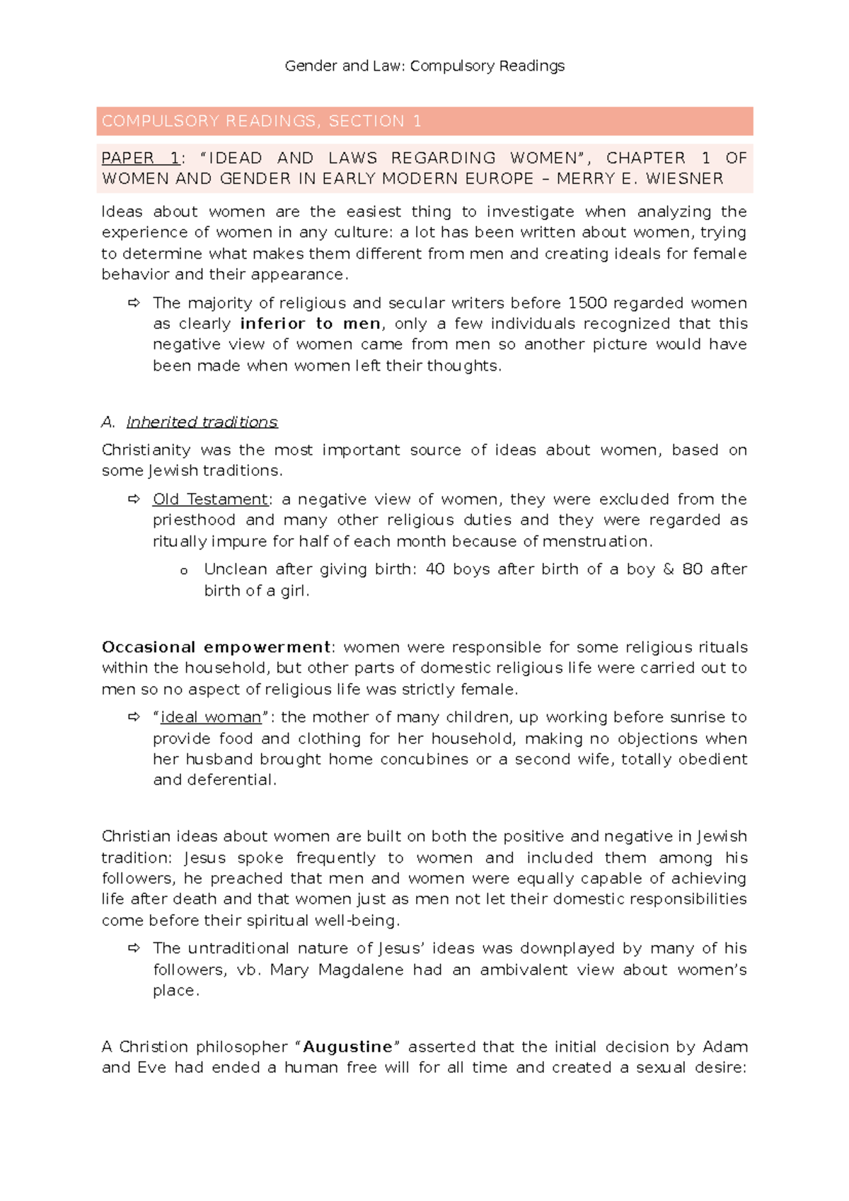 Compulsory readings Gender and Law - COMPULSORY READINGS, SECTION 1 ...