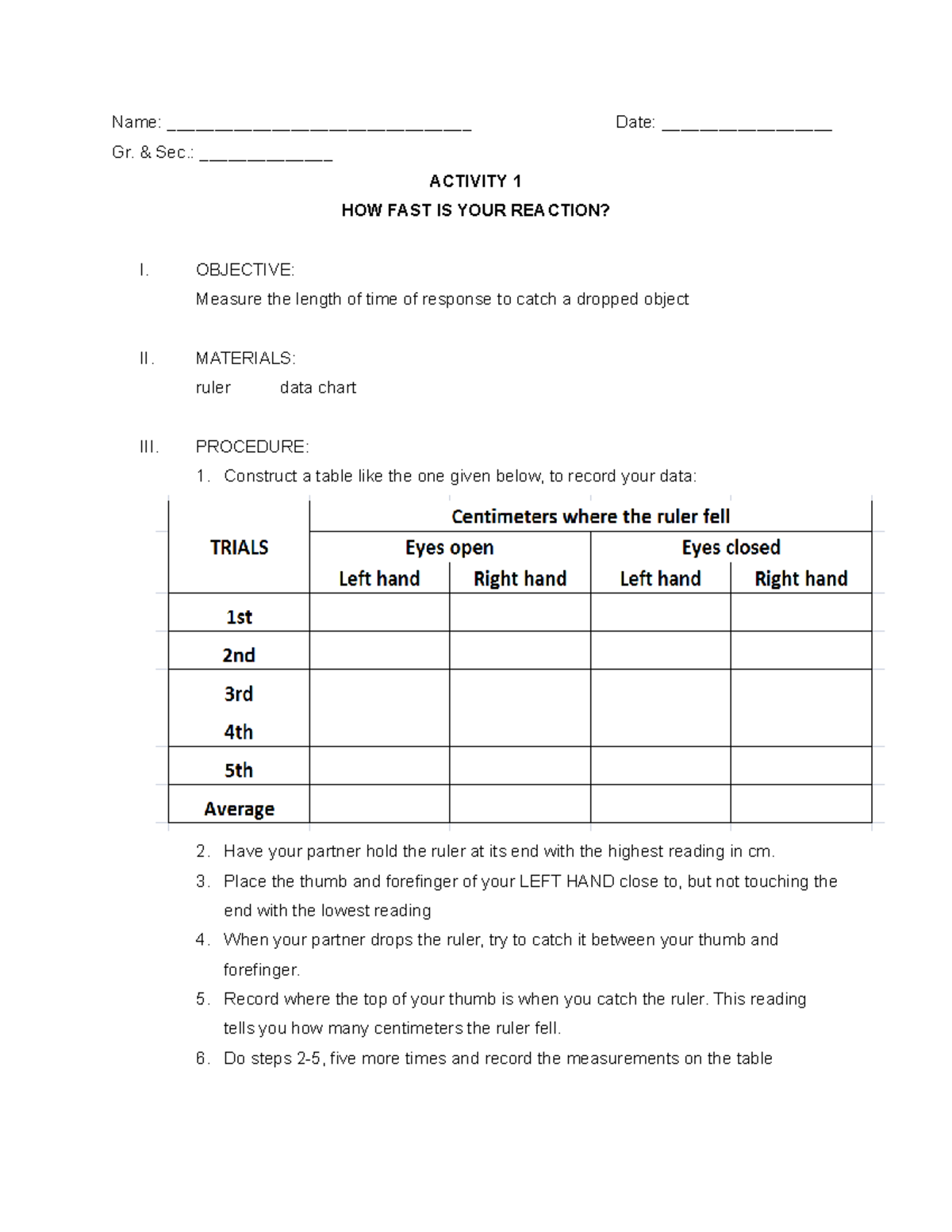 Activity 1 science for class identifying all - Name ...