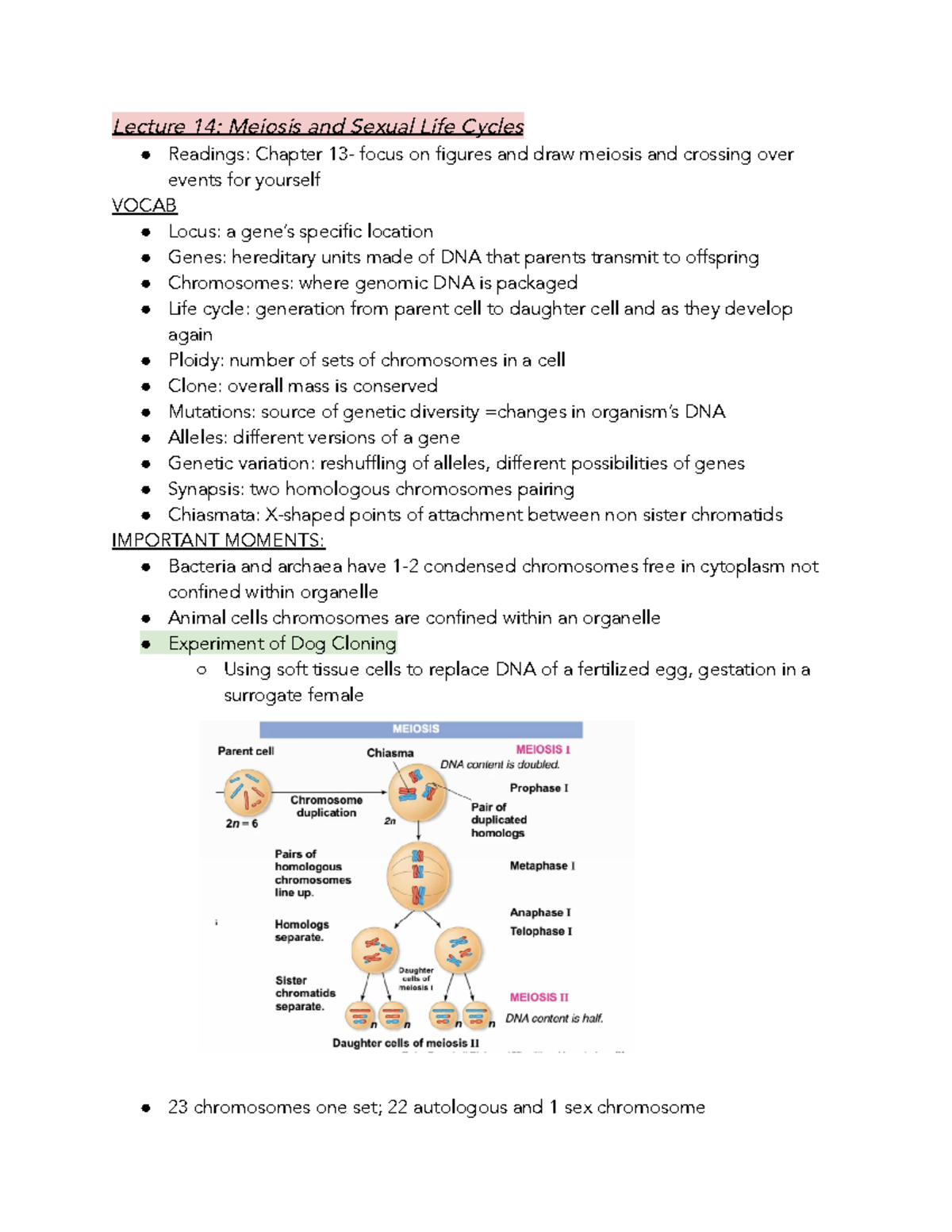Bio 1A Notes Gibbs - Lecture 14: Meiosis and Sexual Life Cycles ...